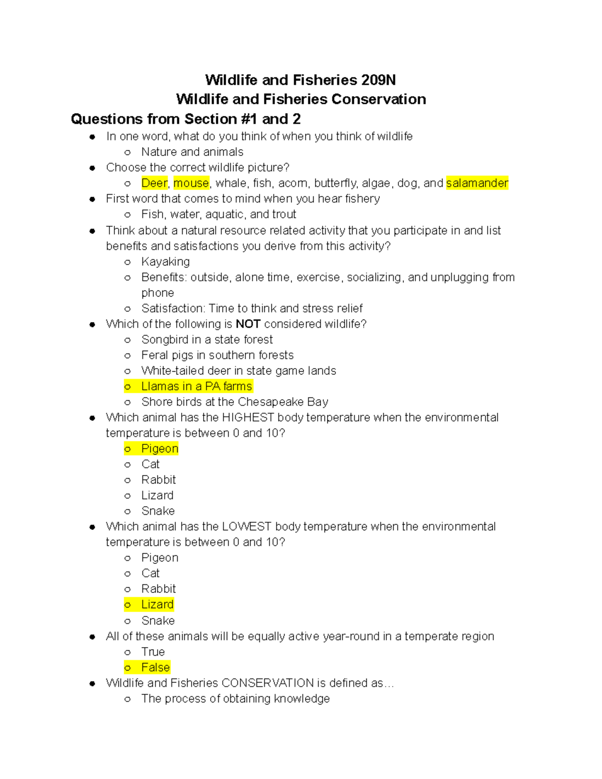 Wildlife and Fisheries 209N Section #1 and 2 Questions - Wildlife and ...