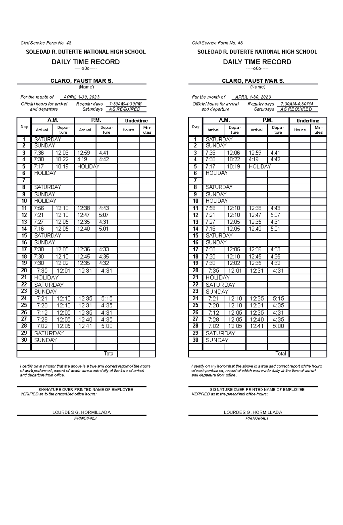 Civil Service Form No 48 - 48 SOLEDAD R. DUTERTE NATIONAL HIGH SCHOOL ...