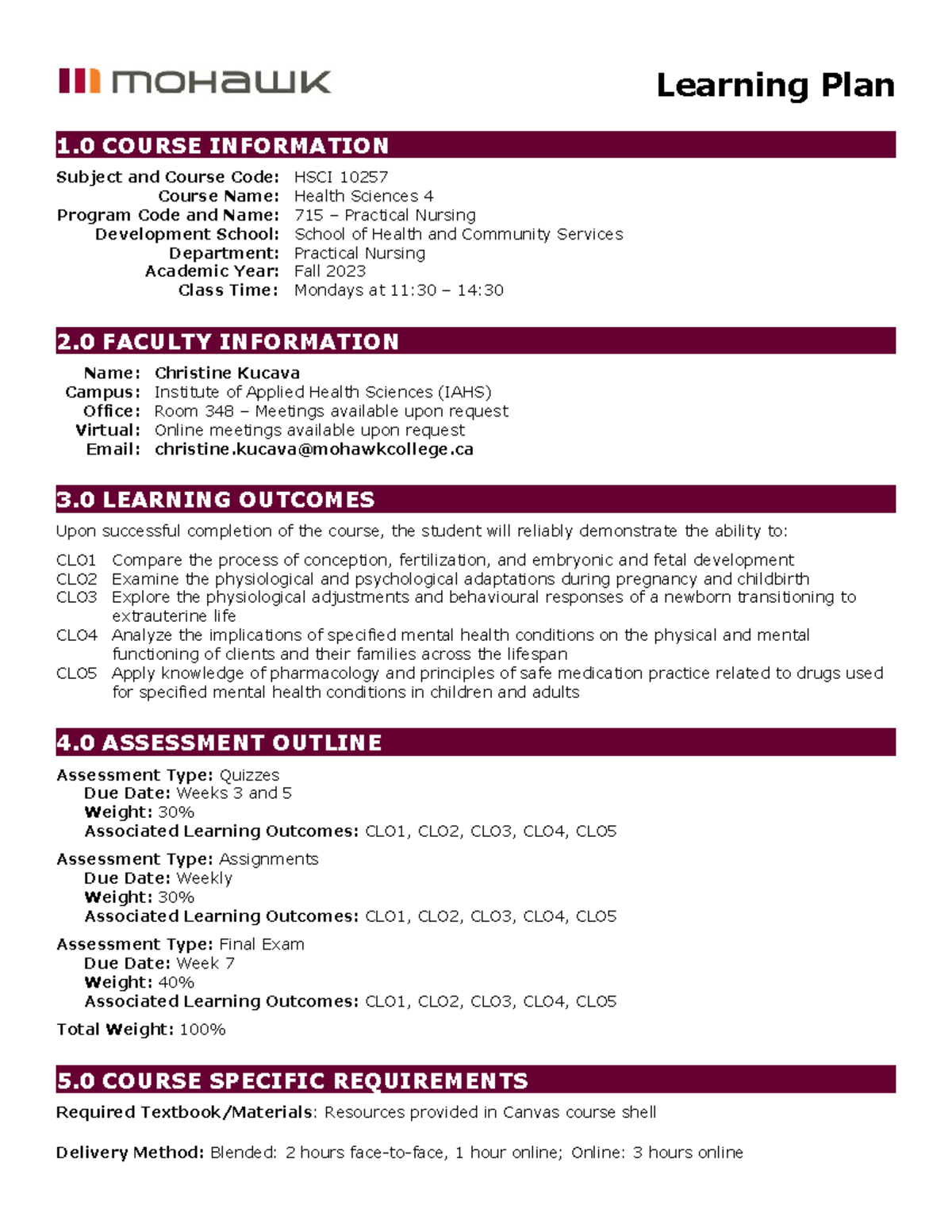 HS4 Learning Plan Fall 2023 - Learning Plan 1 COURSE INFORMATION ...