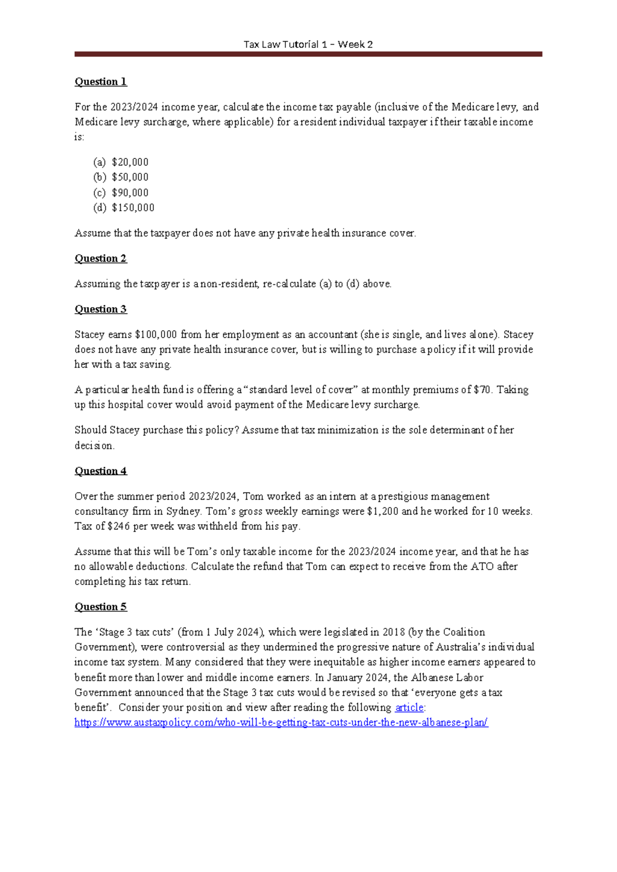 Tutorial 1 - Week 2 - Introduction - Tax Law Tutorial 1 – Week 2 Question 1 For the 2023/2024 ...