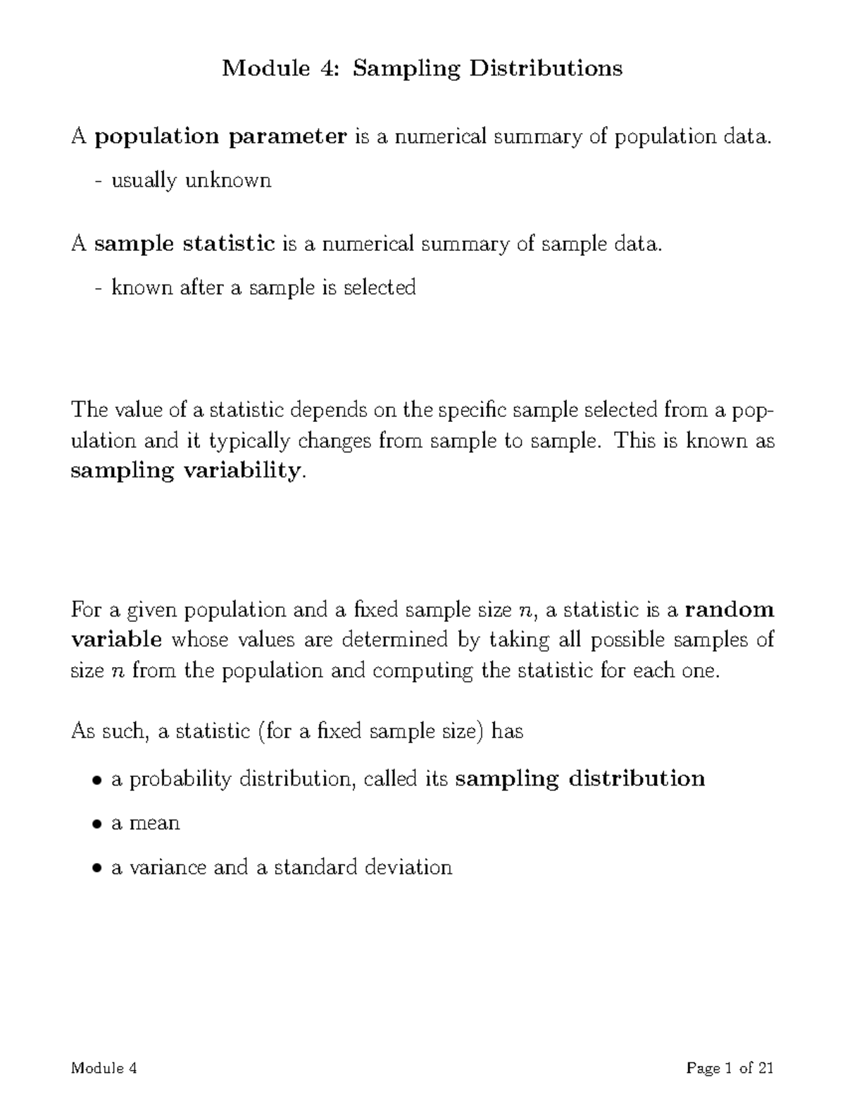 Module 4 Annotated - Module 4: Sampling Distributions A population parameter is a numerical ...
