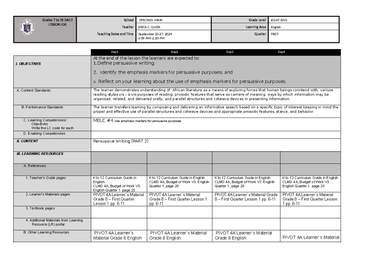 daily lesson log - Grades 7 to 10 DAILY LESSON LOG School SPRCNHS- MAIN ...