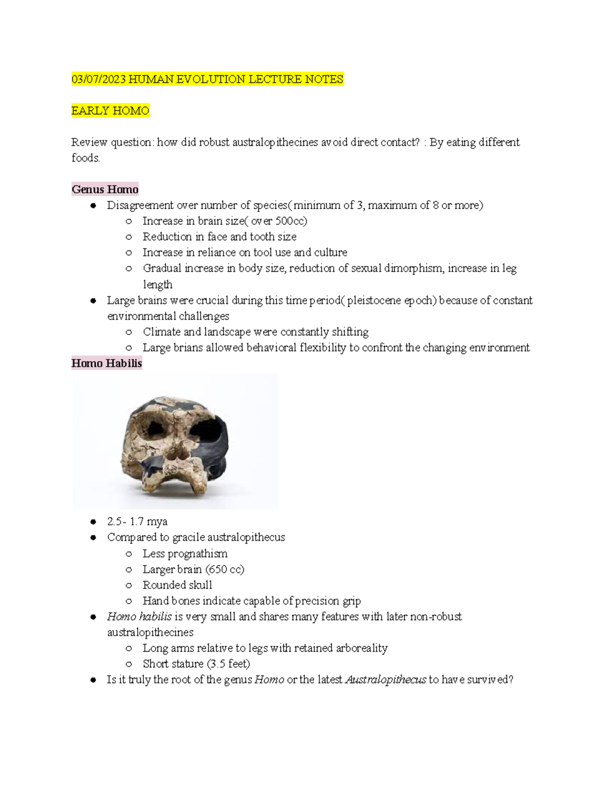 Anthro 105. WEEK 9 Lecture Notes - 03/07/2023 HUMAN EVOLUTION LECTURE ...