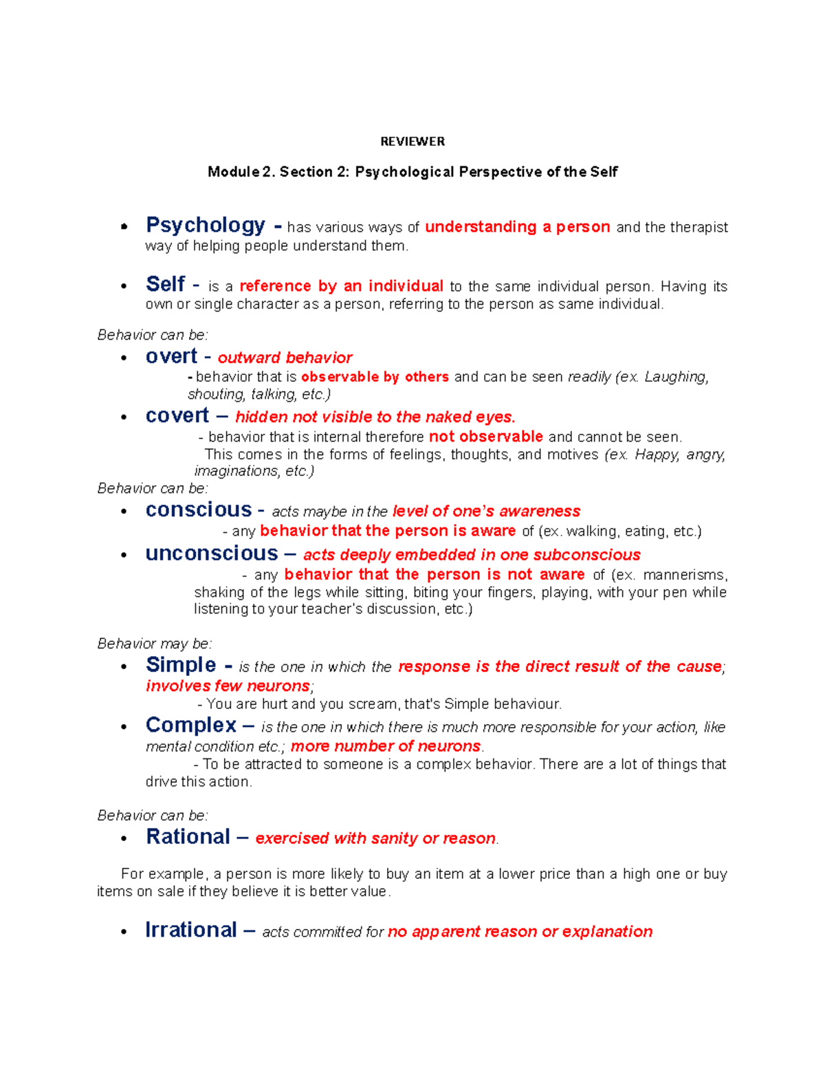 Reviewer Psychological Perspective of the Self - REVIEWER Module 2 ...