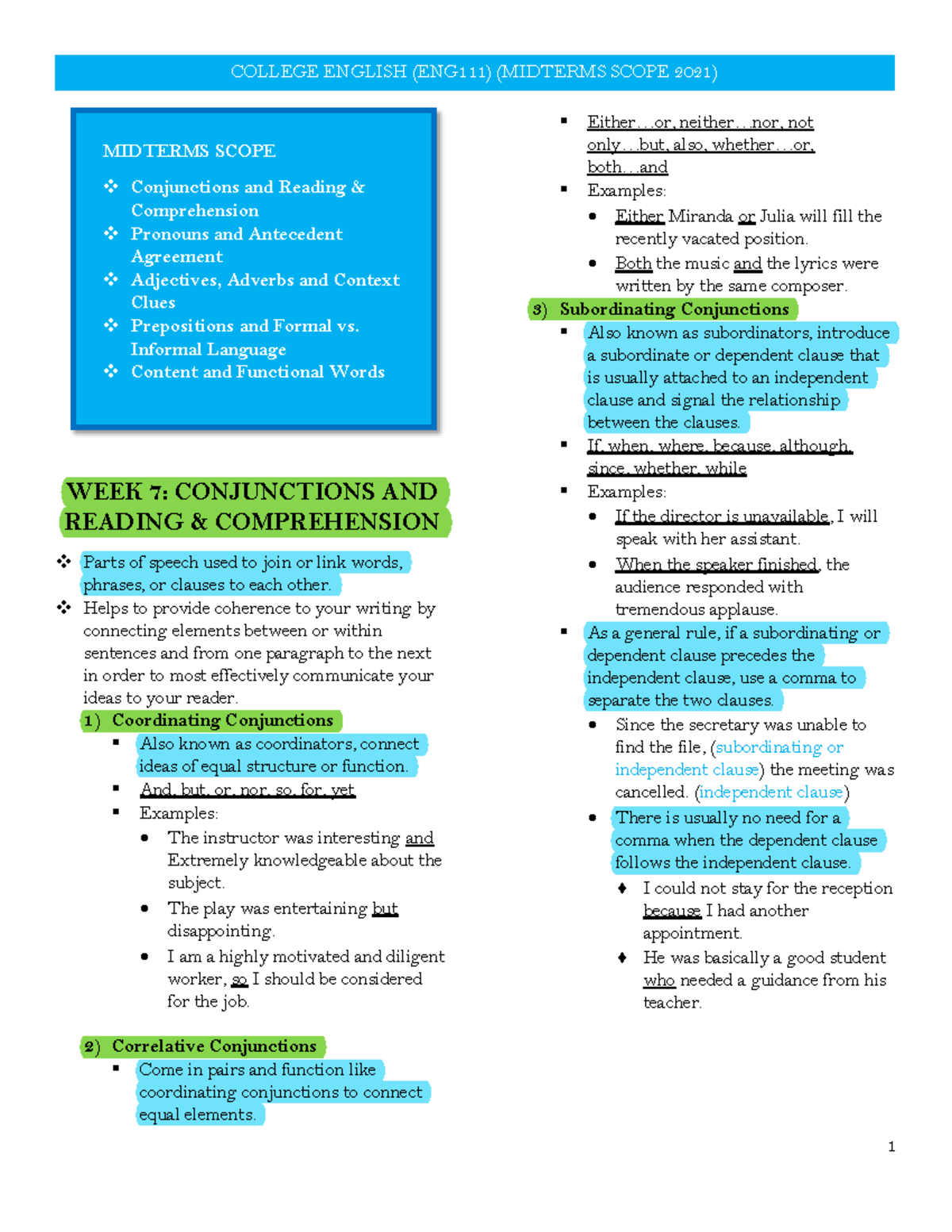 English midterms - WEEK 7: CONJUNCTIONS AND READING & COMPREHENSION ...