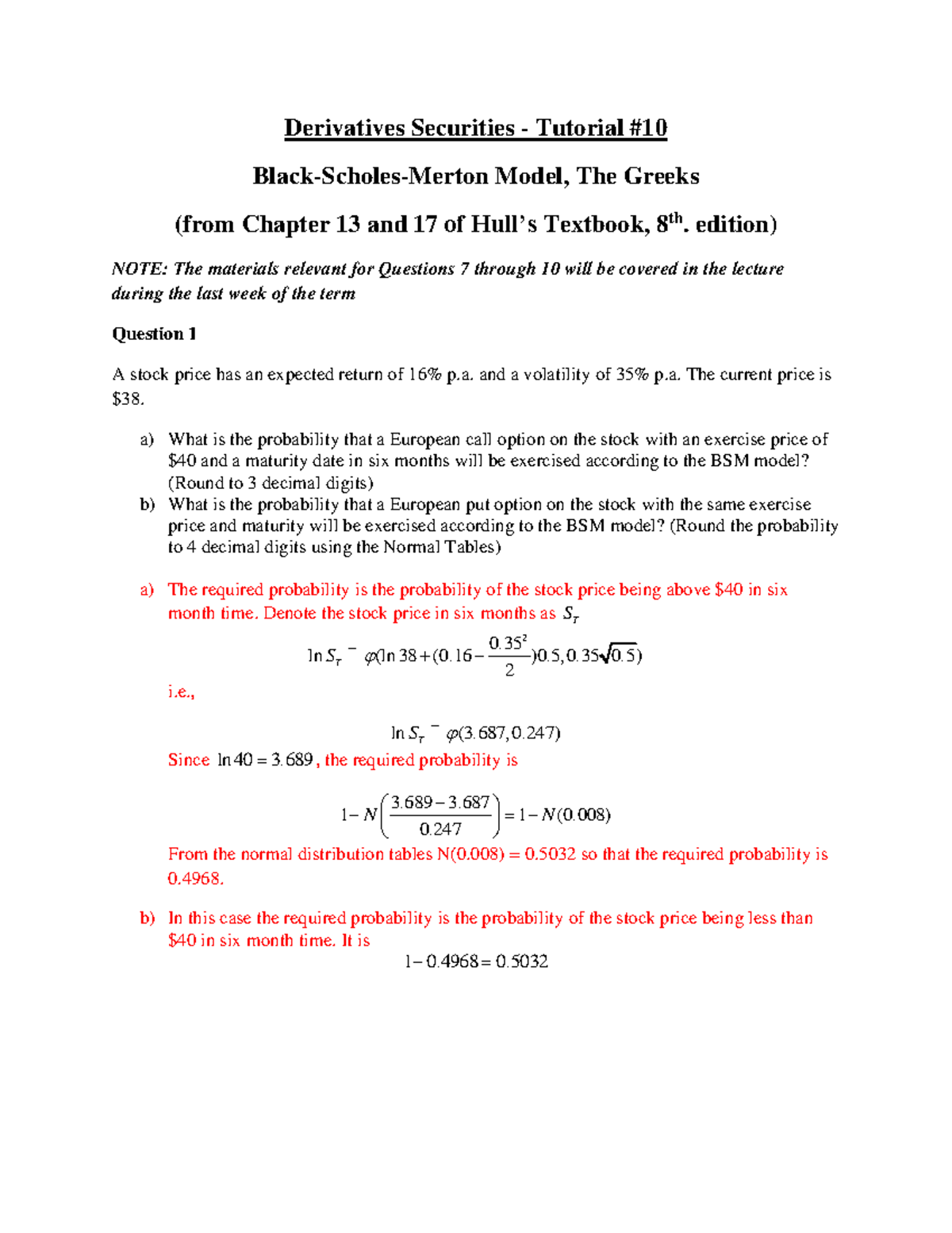 Tutorial 10 Q&A - Derivatives Securities - Tutorial Black-Scholes ...