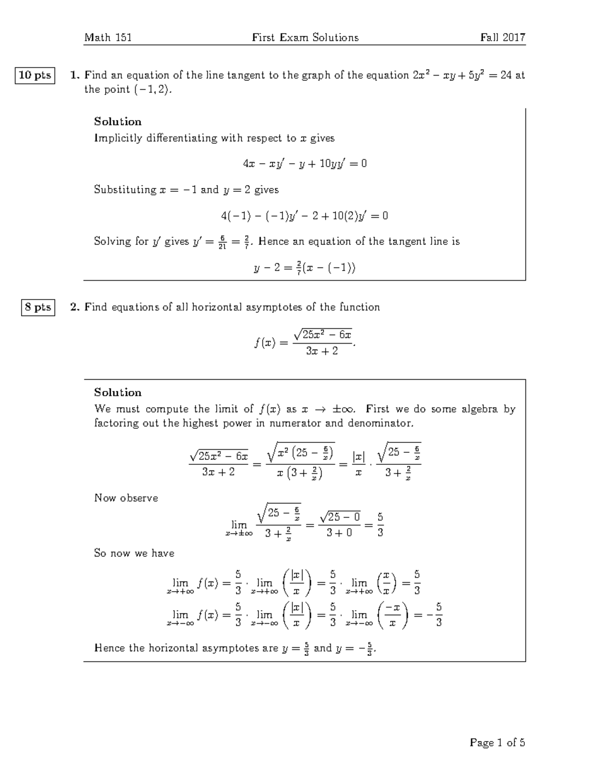 F17e1sols - Rearranging Equations - 10 pts 1 an equation of the line ...