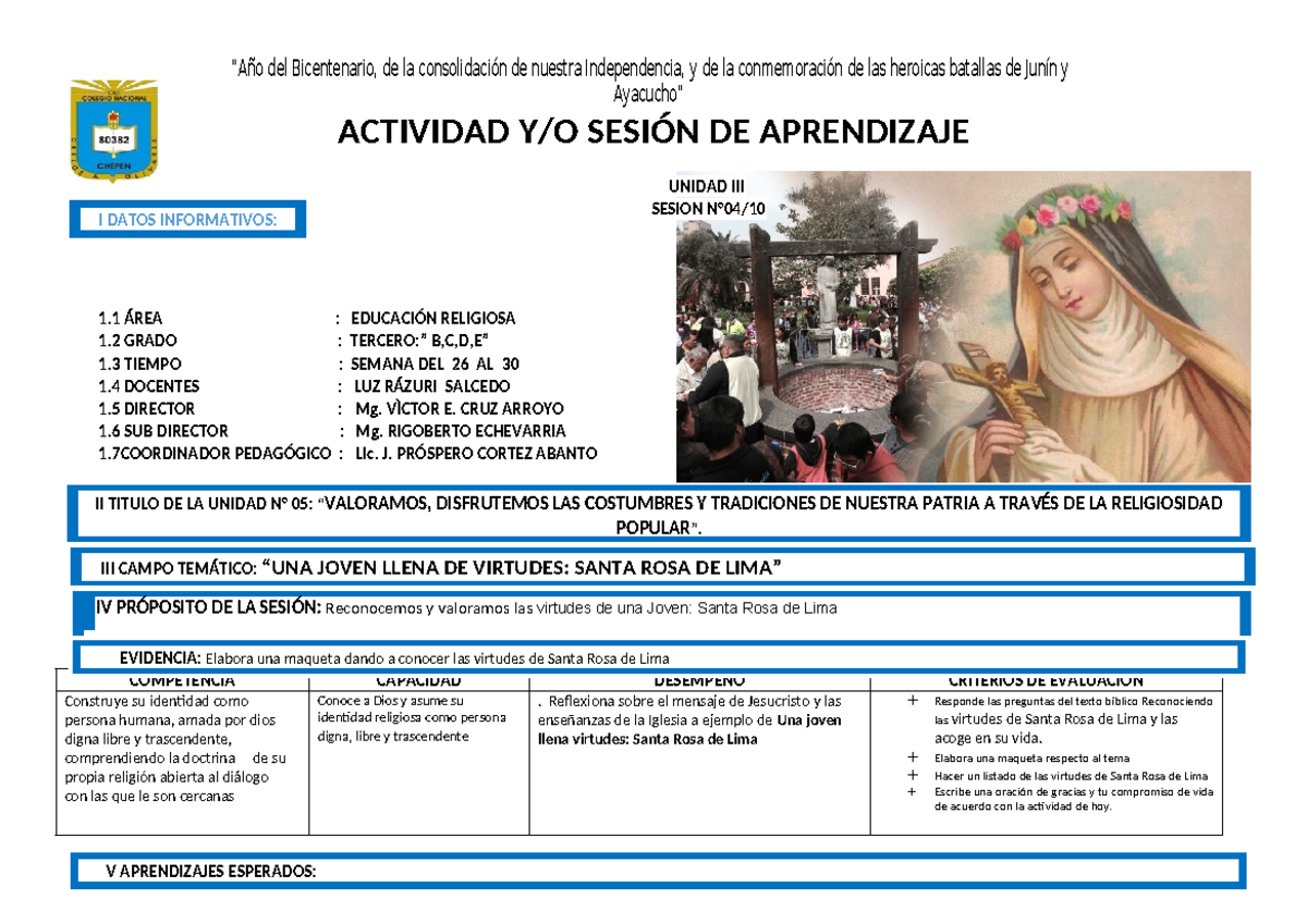 Actividad O Sesion De Aprendizajeuna Joven Llena De Virtudes Santa Rosa