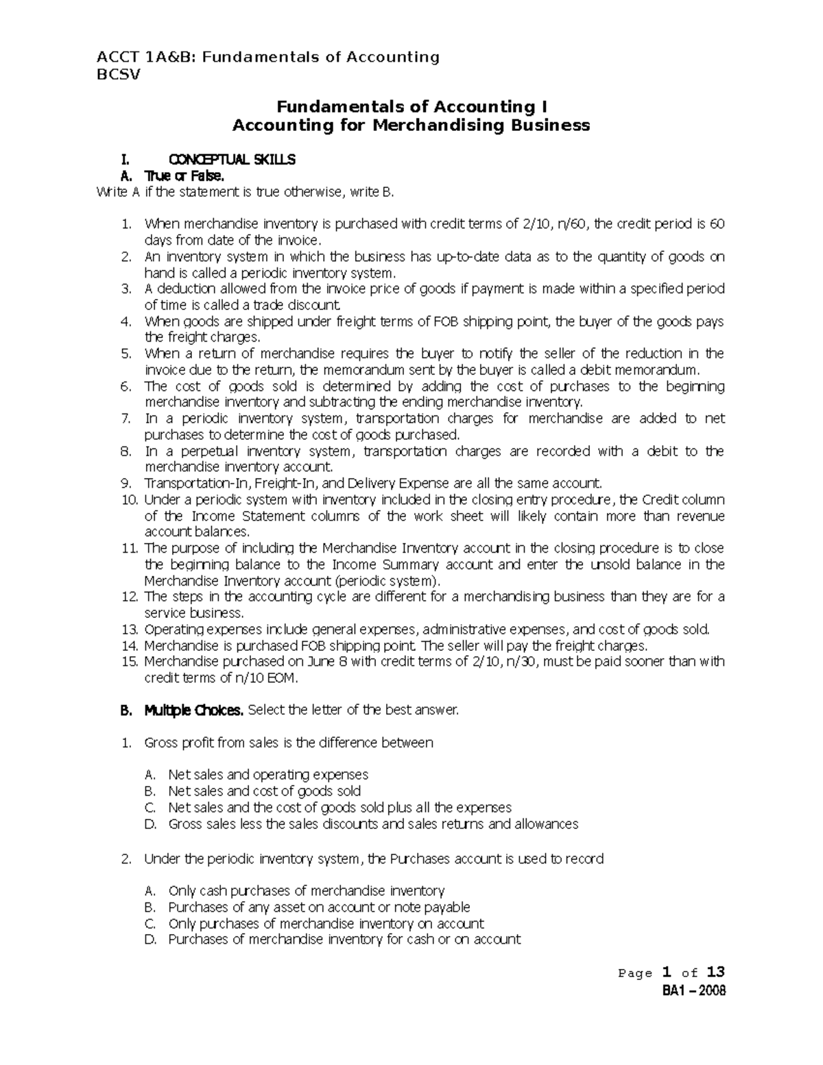 Sample/practice exam 2017, questions and answers - BCSV Fundamentals of ...