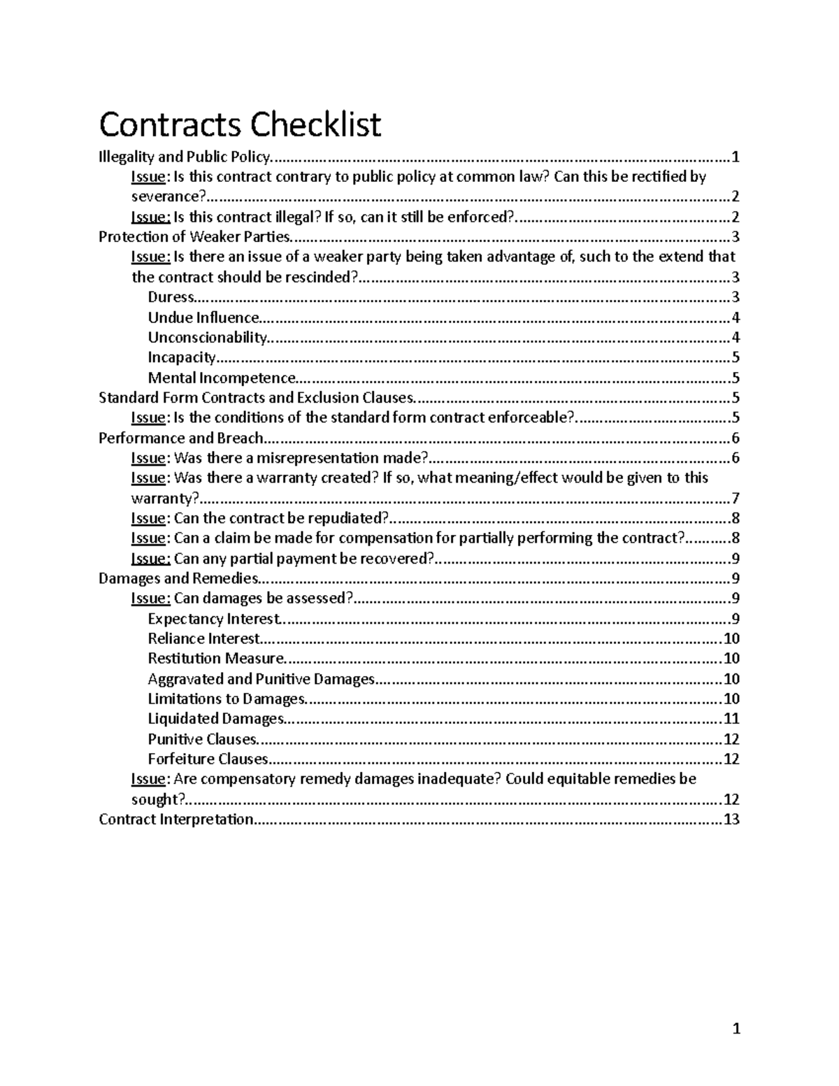 Contracts-Checklist - Checklist - Contracts Checklist Illegality and ...