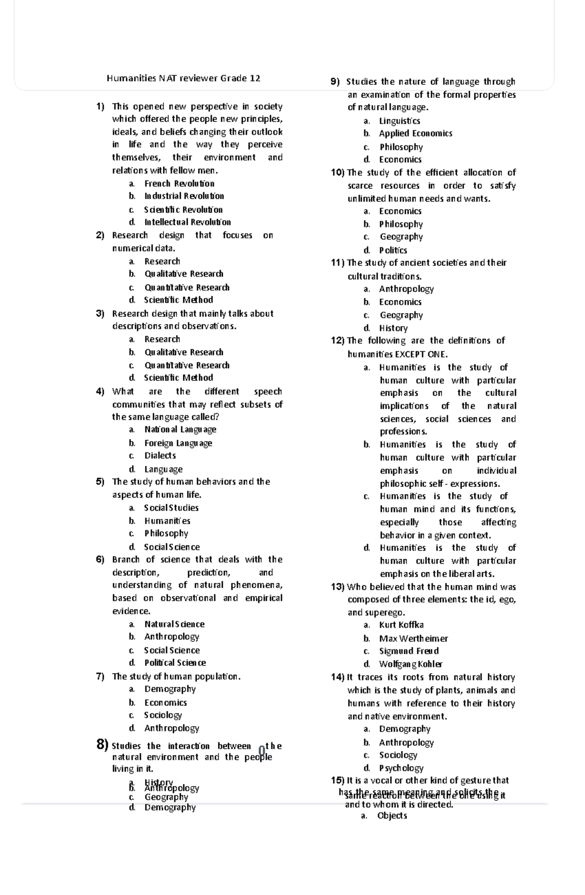 Humanities nat reviewer grade 12 Compress Humanities NAT Reviewer