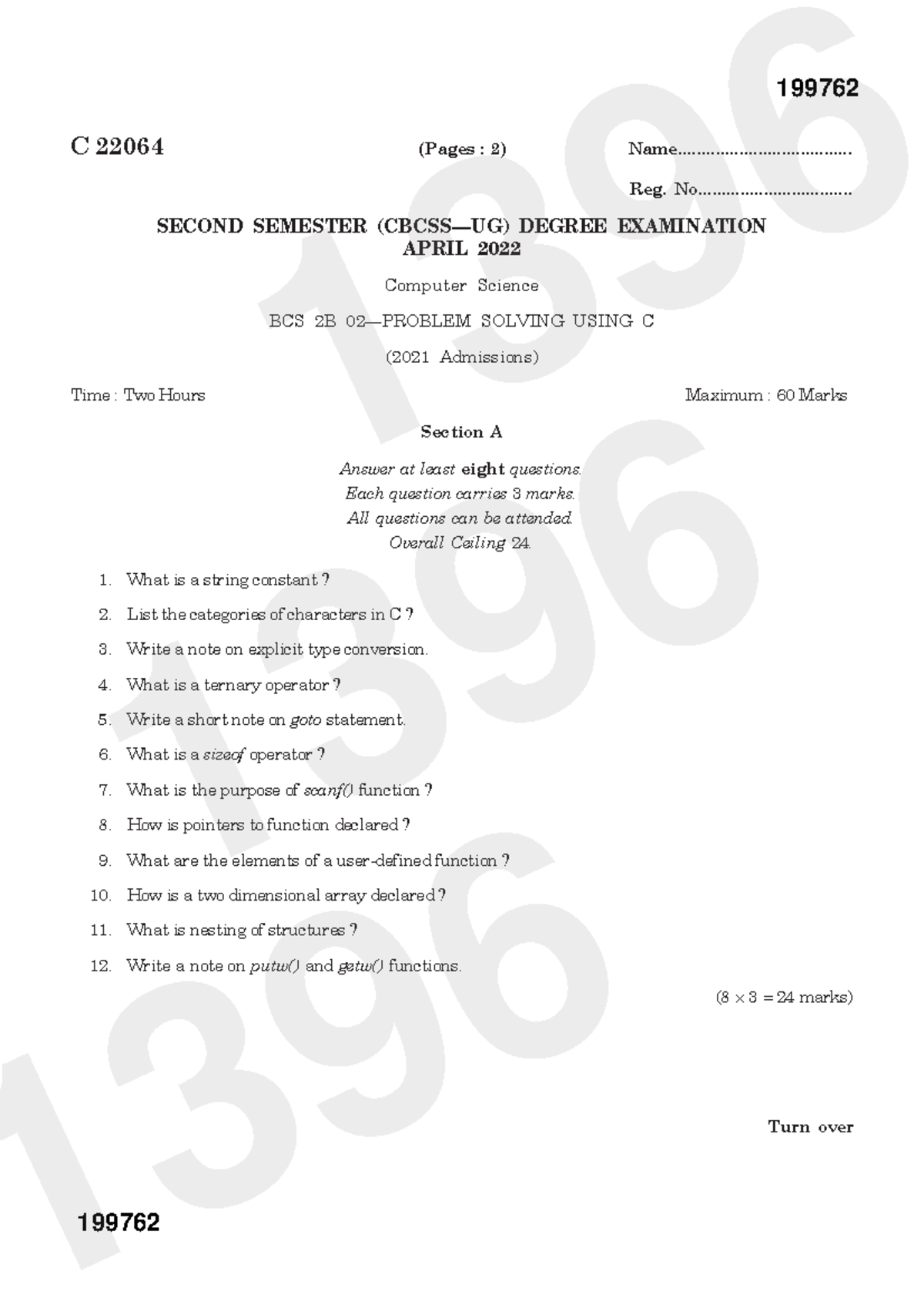 2022 BCS 2B 02 22064 Problem Solving Using C - Turn over C 22064 (Pages ...