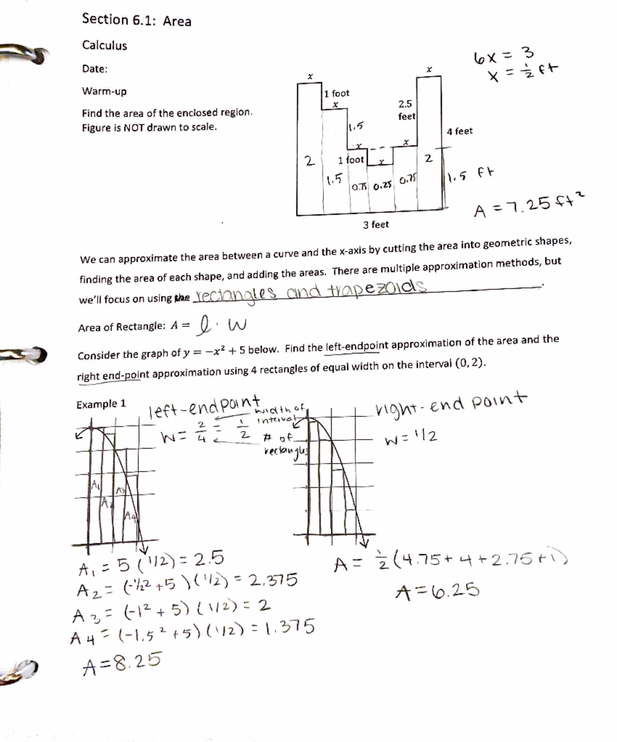 6.1: Area notes - Section 6: Area Calculus Date: Warm-up Find the ...