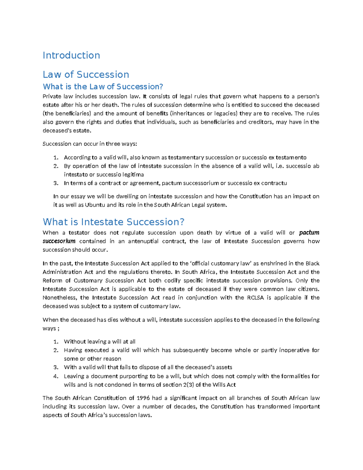 Law of succession second year assignment - Introduction Law of ...