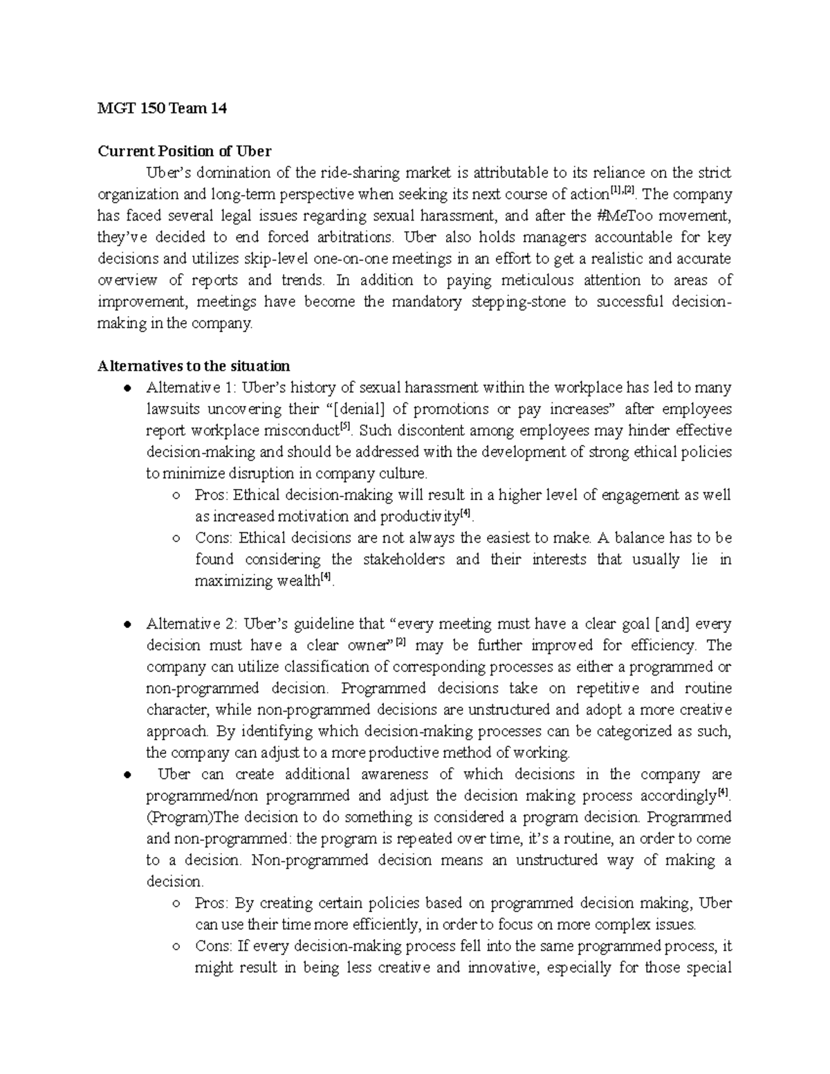 Decision-Making Proposal - MGT 150 Team 14 Current Position of Uber ...