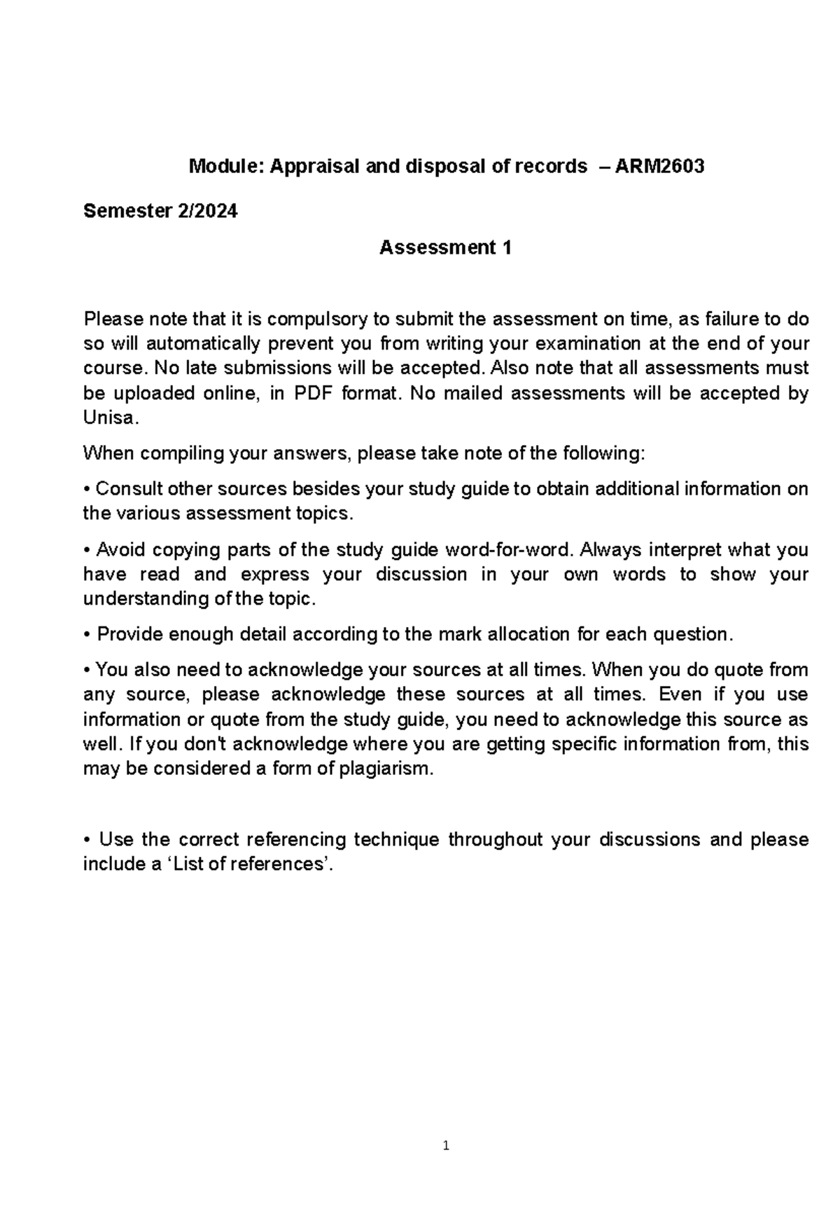 ARM 2602 Assignment (1) Second Semester 2024 - Module: Appraisal and disposal of records – ARM ...