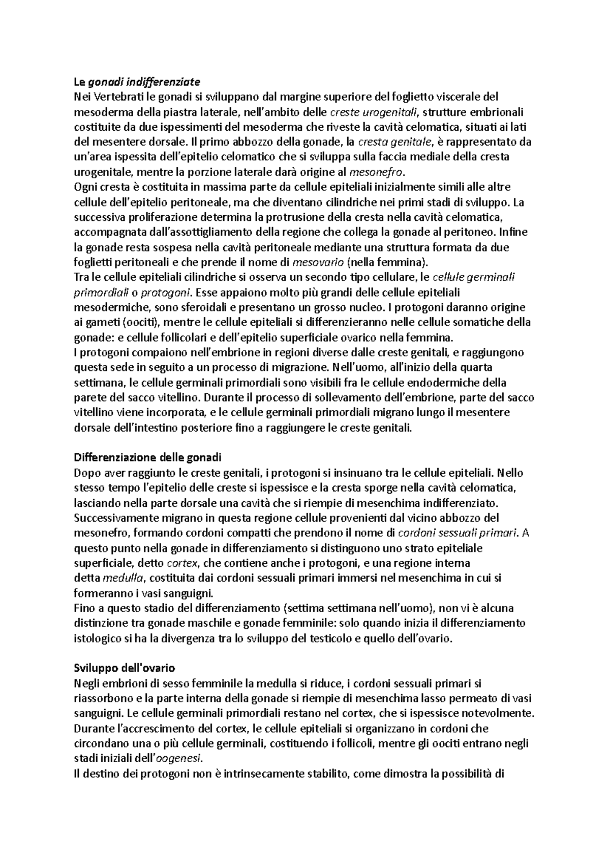 Sviluppo- appunti generali - Le gonadi indifferenziate Nei Vertebrati ...