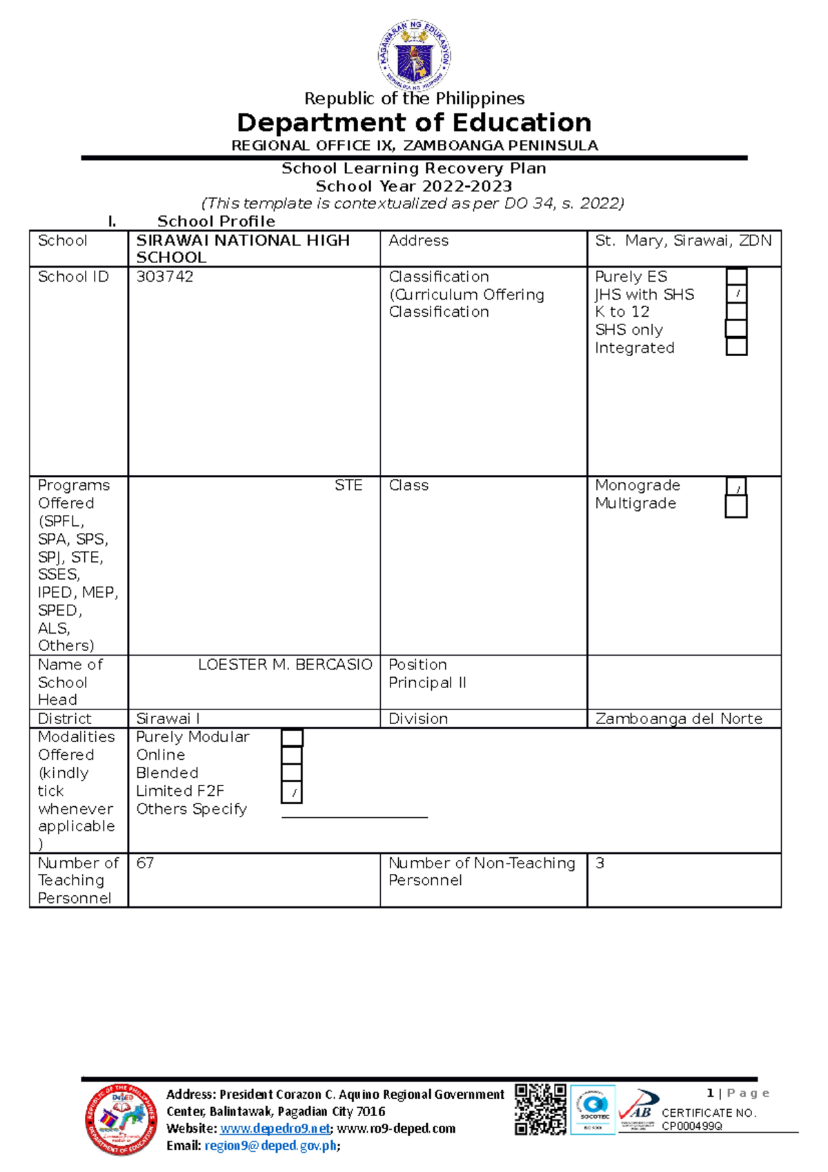 School-Learning-Recovery-Plan Sirawai NHS - CERTIFICATE NO. CP000499Q ...
