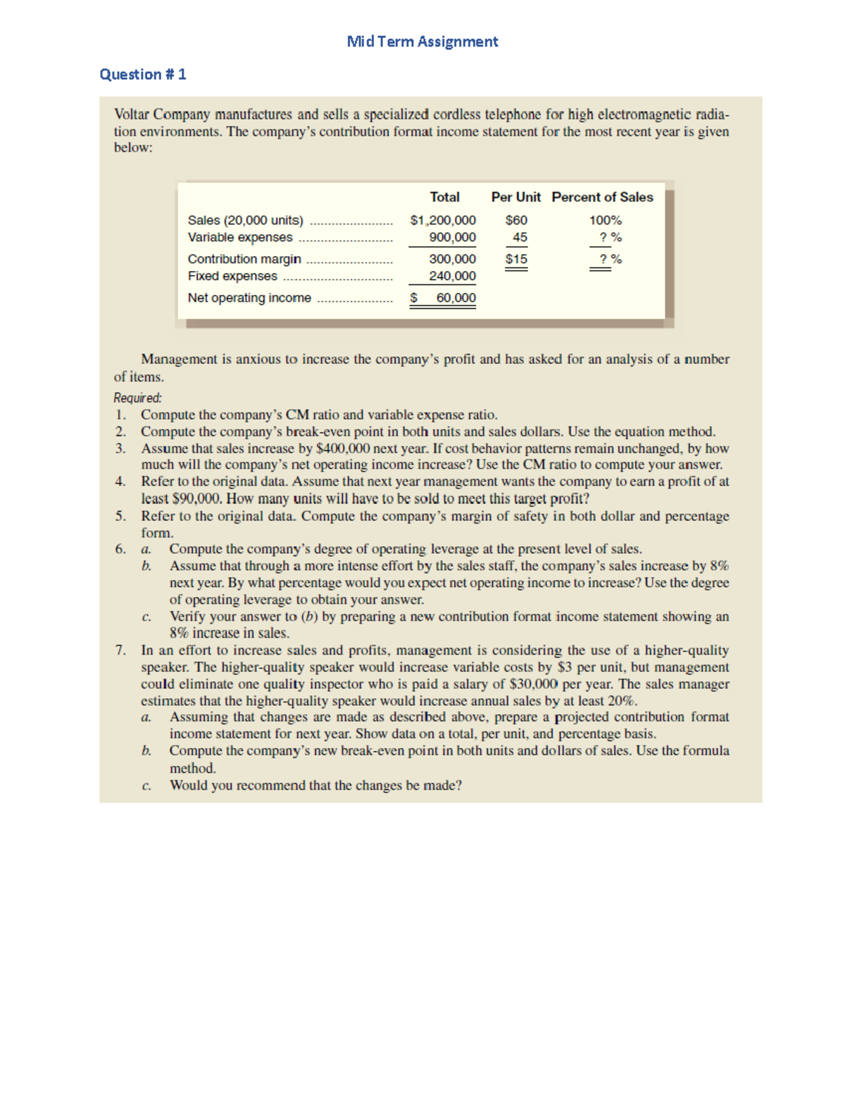 MID TERM Assignment NEW - Financeial Management - Mid Term Assignment Question # 1 Question ...