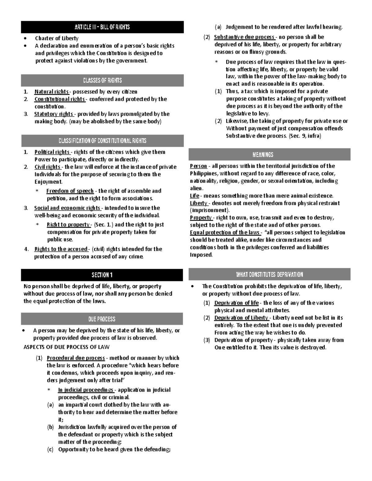 ART III SECTION 1 (notes) - ARTICLE III - BILL OF RIGHTS Classes of ...