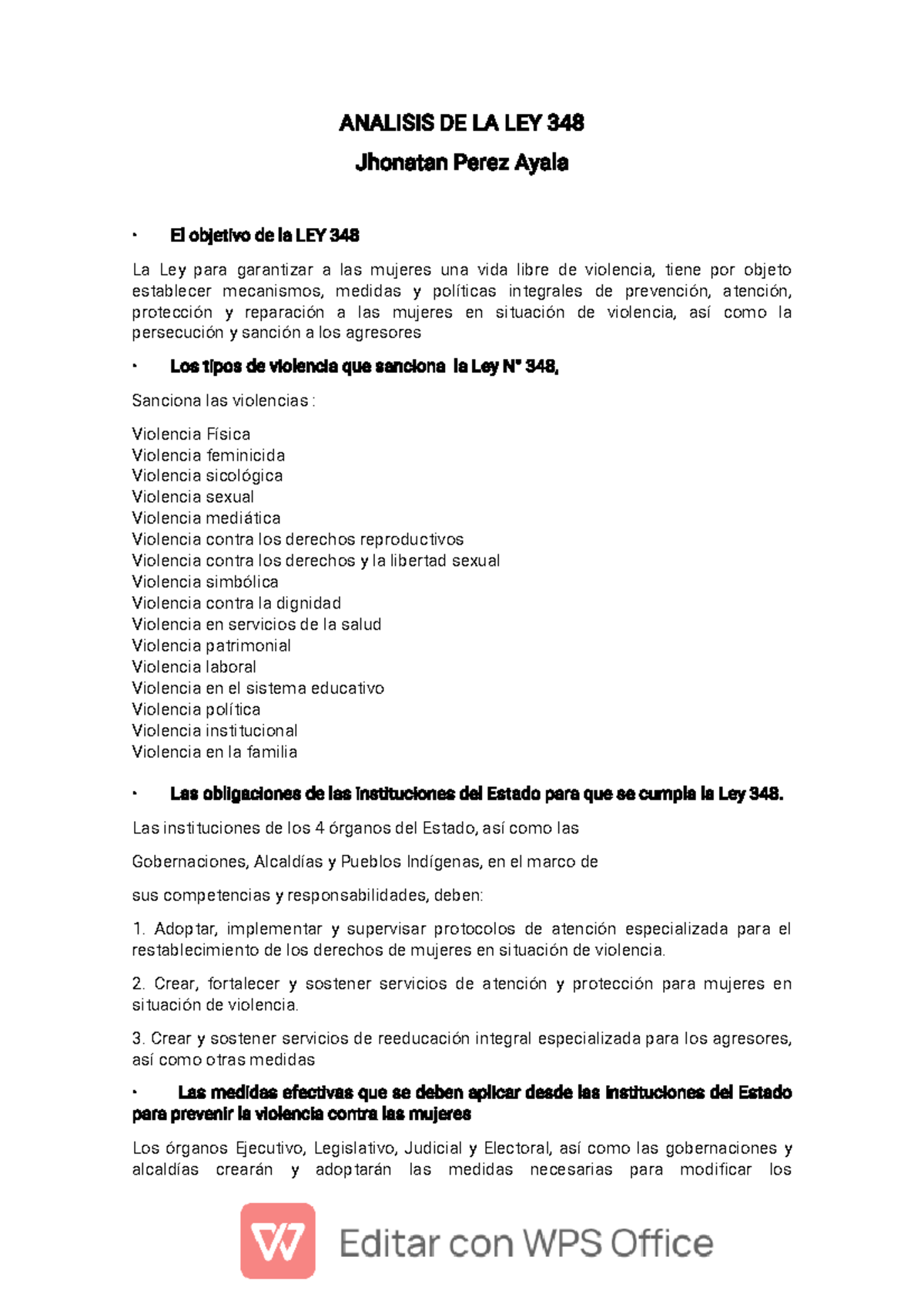 Análisis DE LA LEY 348 - Gcv - ANALISIS DE LA LEY 348 Jhonatan Perez Ayala · El objetivo de la ...