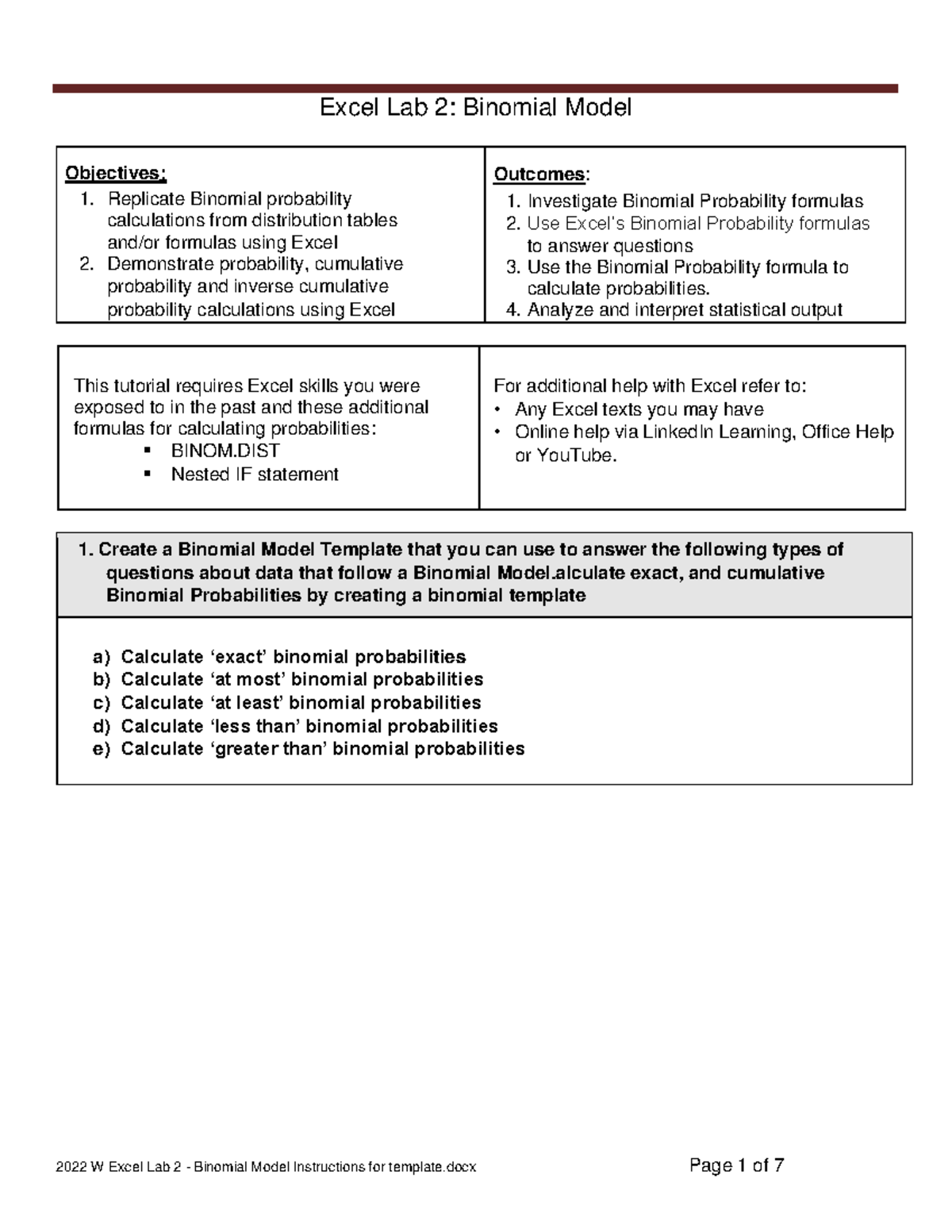 Excel Lab 2 - Binomial Model Instructions for template - Objectives: Replicate Binomial ...