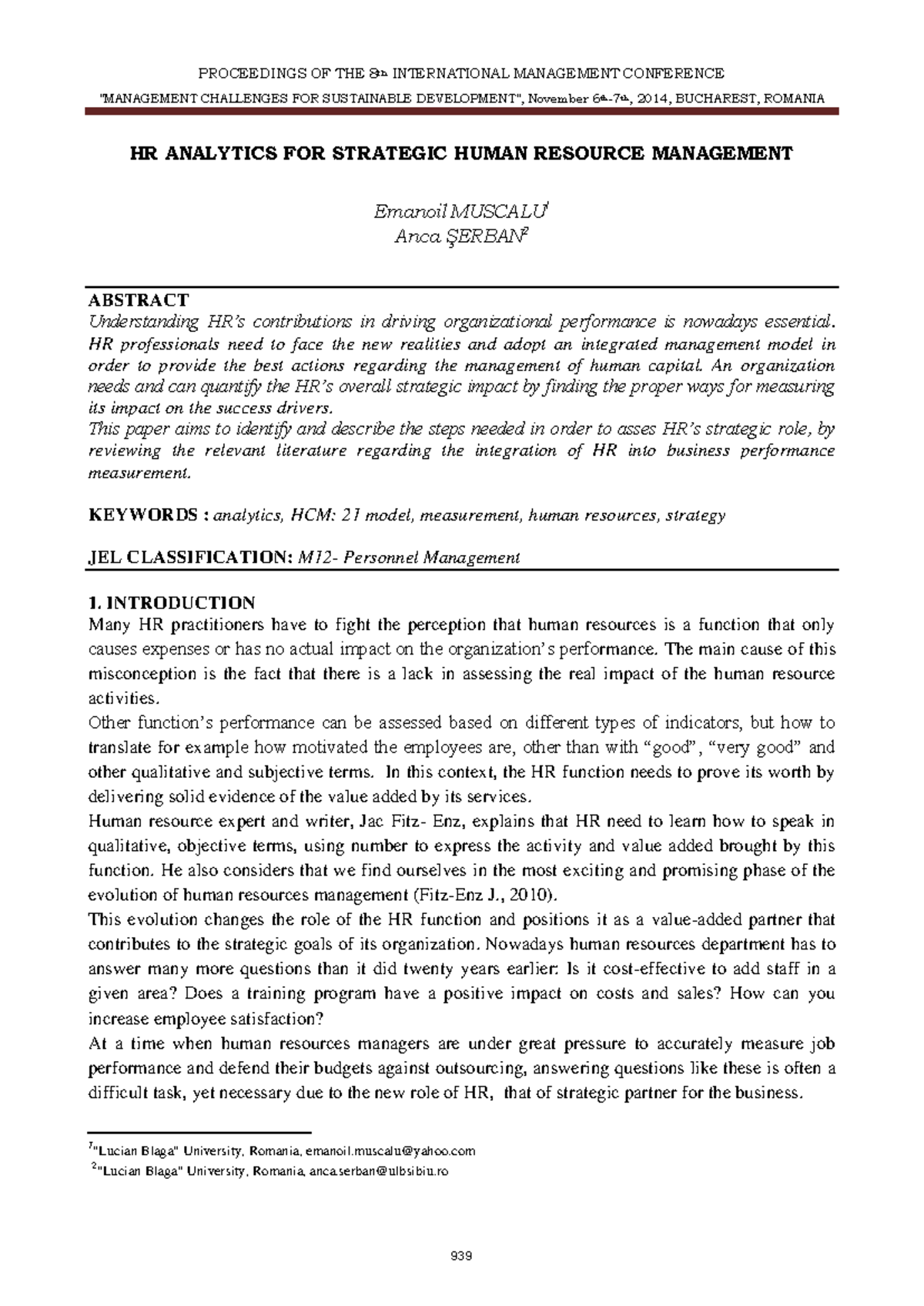 HCM Framework - HR INDICATORS - "MANAGEMENT CHALLENGES FOR SUSTAINABLE ...