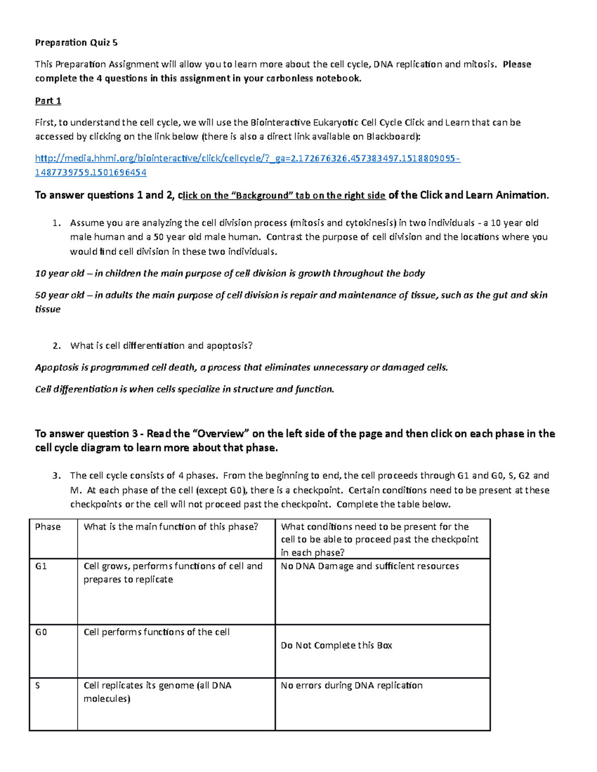 Preparation Questions, Cell cycle and Mitosis, Answer KEY - Preparation ...