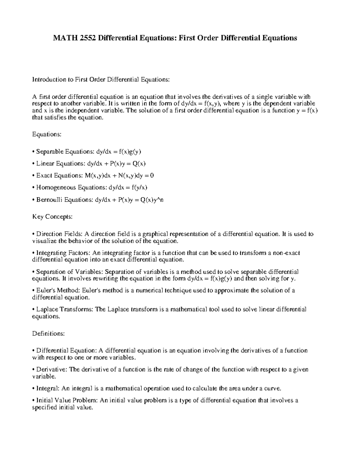 MATH 2552 Differential Equations - First Order Differential Equations ...