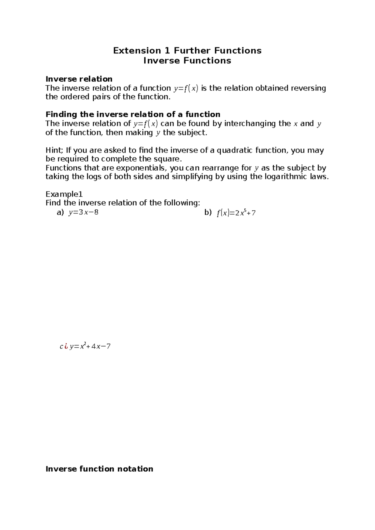 Extension 1 Further Functions Inverse Function Extension 1 Further Functions Inverse