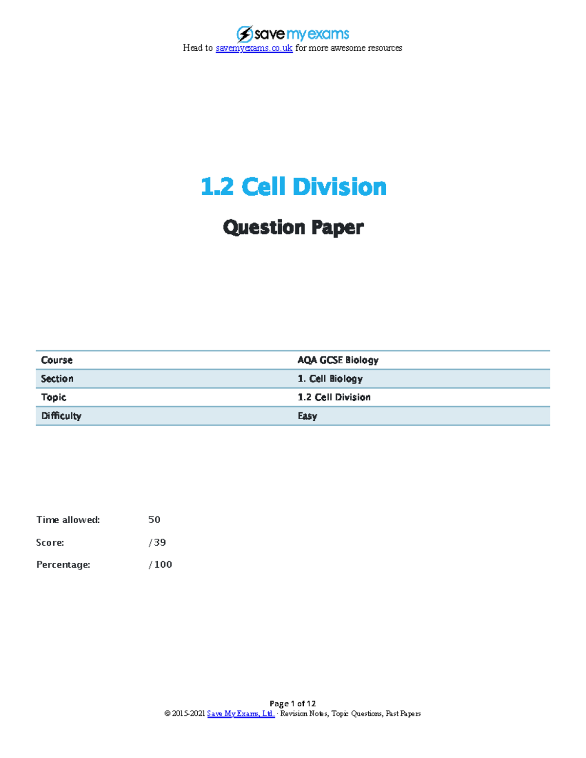 Cell division q easy - PRACTICE - Page 1 of 12 1 Cell Division Question ...