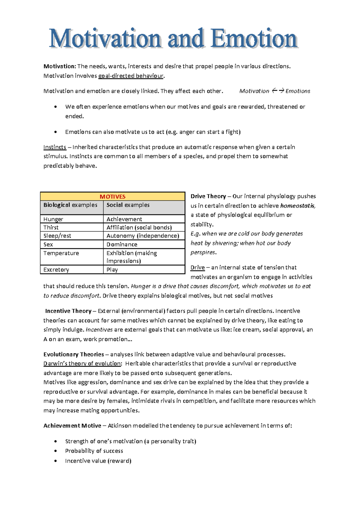 Motivation and Emotion - Motivation: The needs, wants, interests and ...