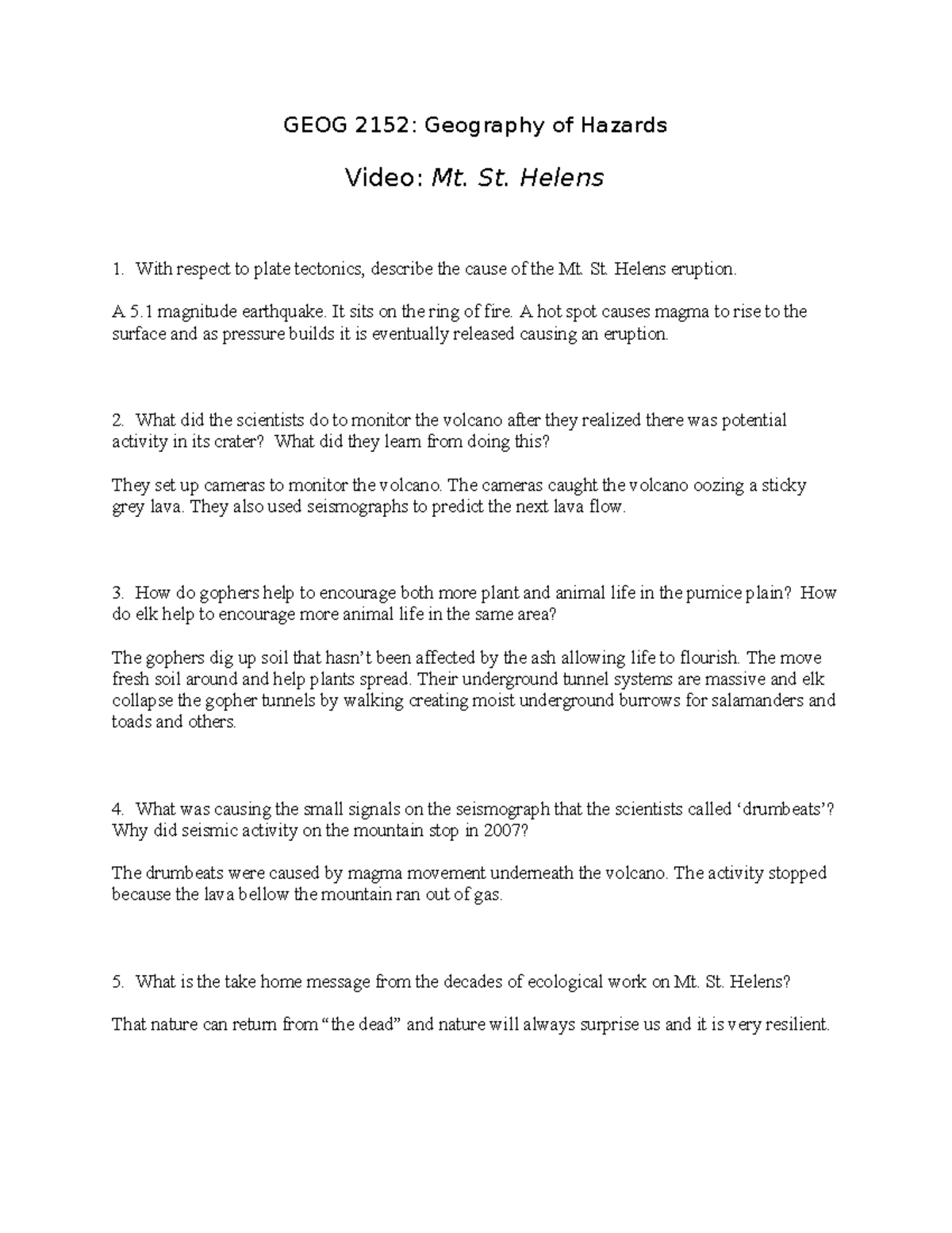 Video Questions - Mt St Helens - GEOG 2152: Geography of Hazards Video ...