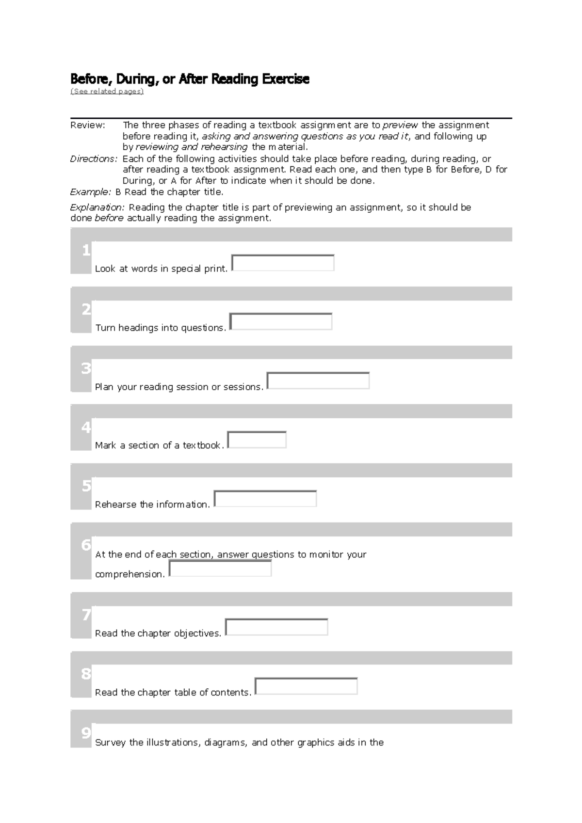 Stages in Reading Exercise For Reading-1 - Before, During, or After ...