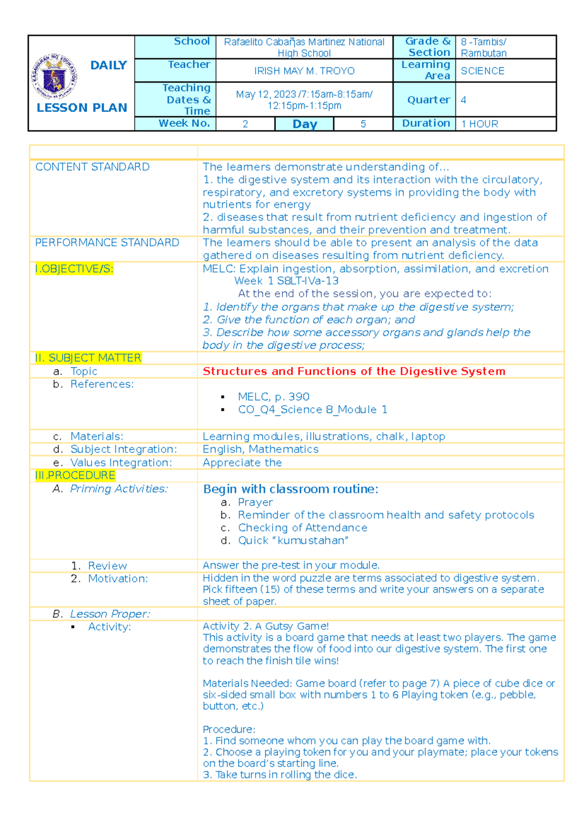 01 Digestive System - DAILY LESSON PLAN School Rafaelito Caba ῆas ...