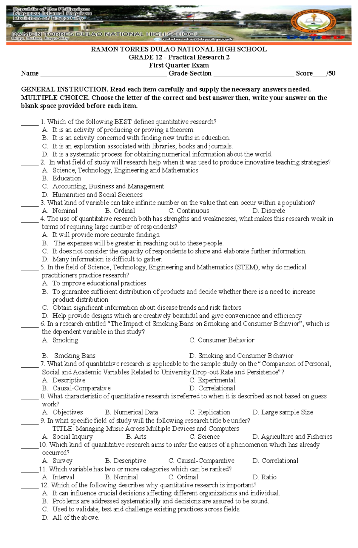 419666321 Practical Research 2 First Quarter Exam - RAMON TORRES DULAO ...