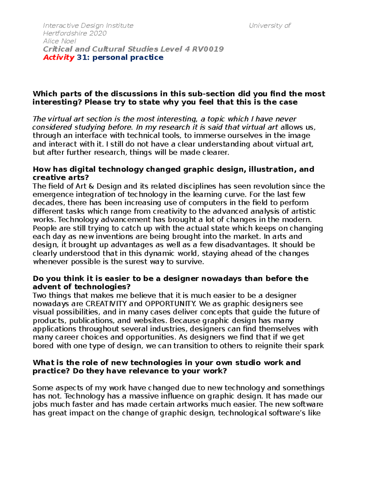 Activity 31 personal practice - Interactive Design Institute University of Hertfordshire 2020 ...