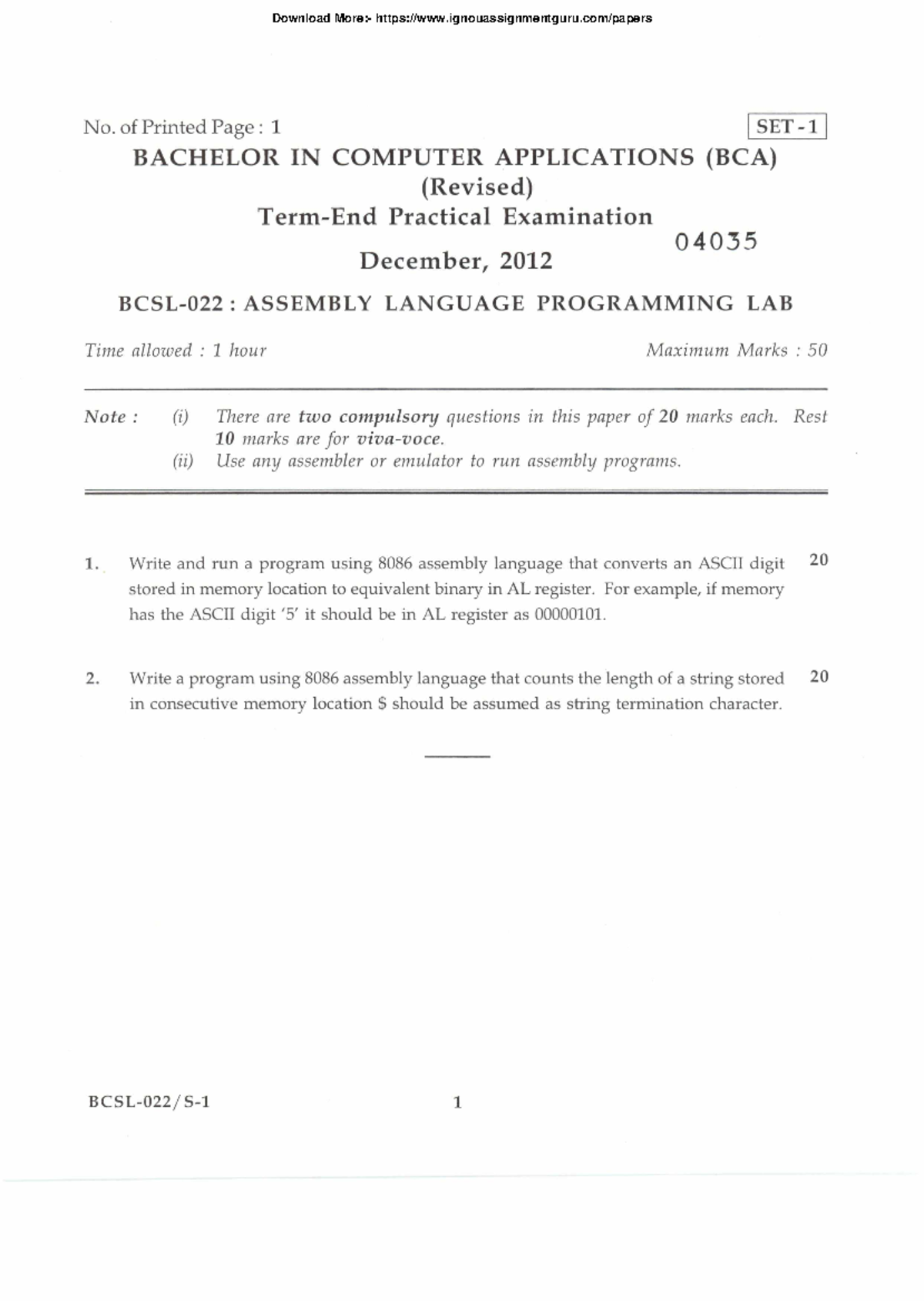 Bcsl 022 Previous Year Question Papers By Ignouassignmentguru No Of Printed Page 1 Set