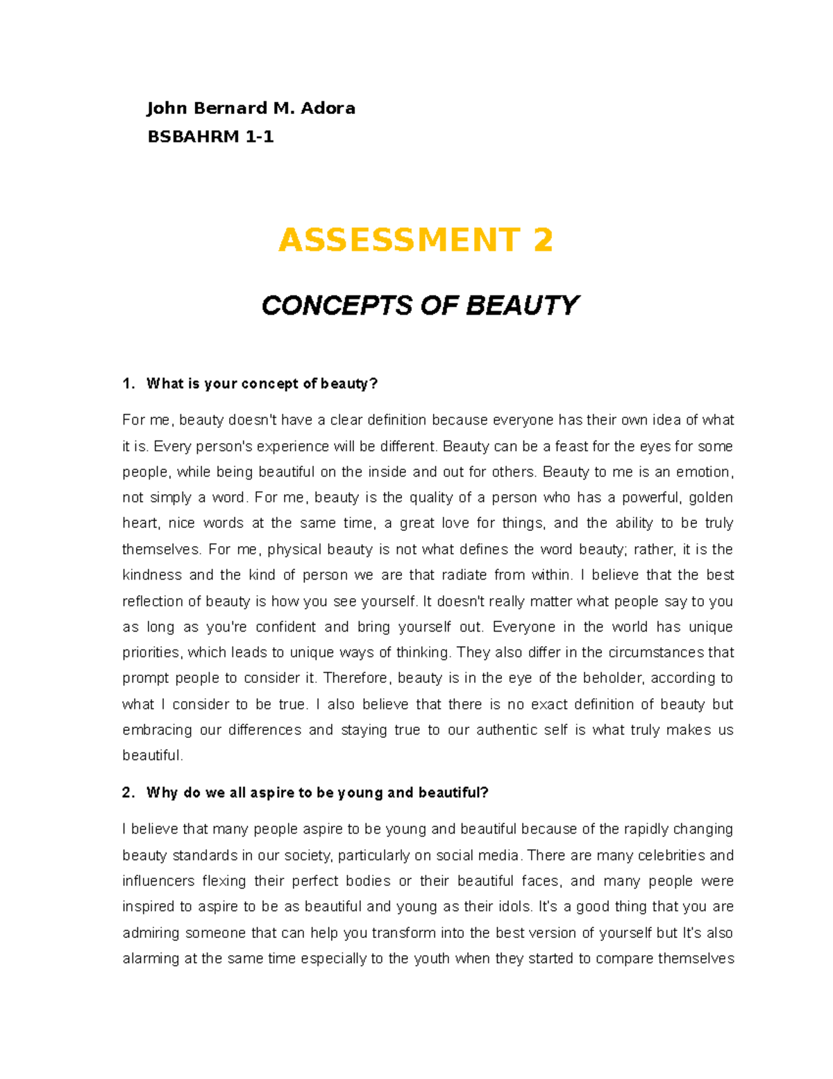 Assessment 2 - adora - Assignment - John Bernard M. Adora BSBAHRM 1 ...