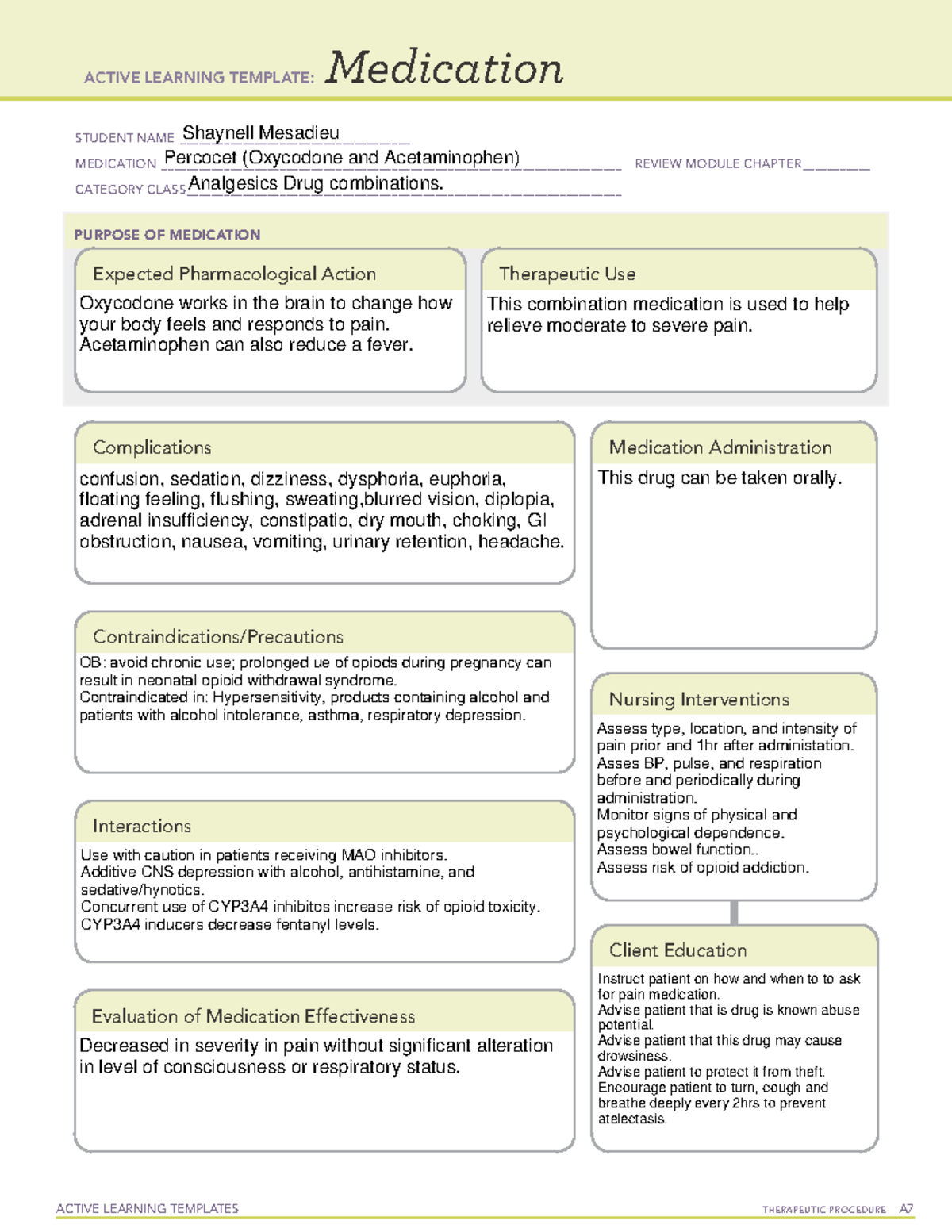 ATI Learning Template Percocet Clinical ACTIVE LEARNING TEMPLATES
