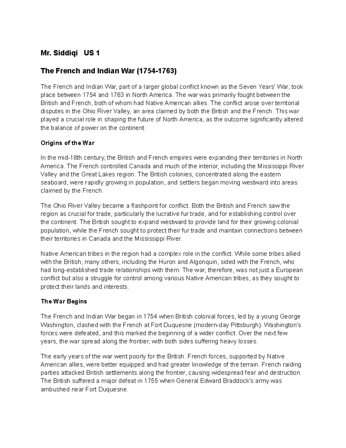 French Indian War - Mr. Siddiqi US 1 The French and Indian War (1754 ...