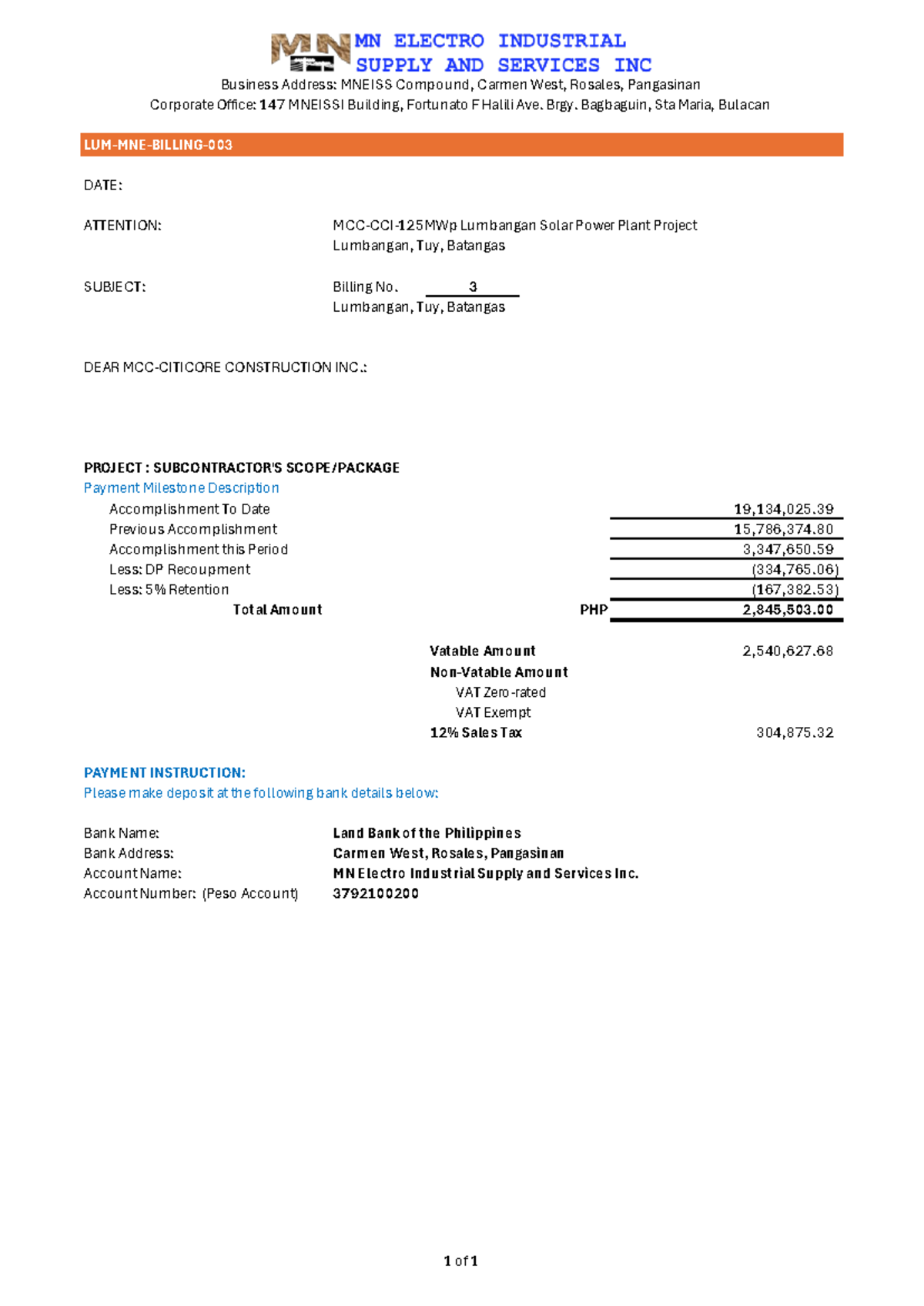 Sample Billing Statement LTCC - 1 of 1 LUM-MNE-BILLING- DATE: ATTENTION ...