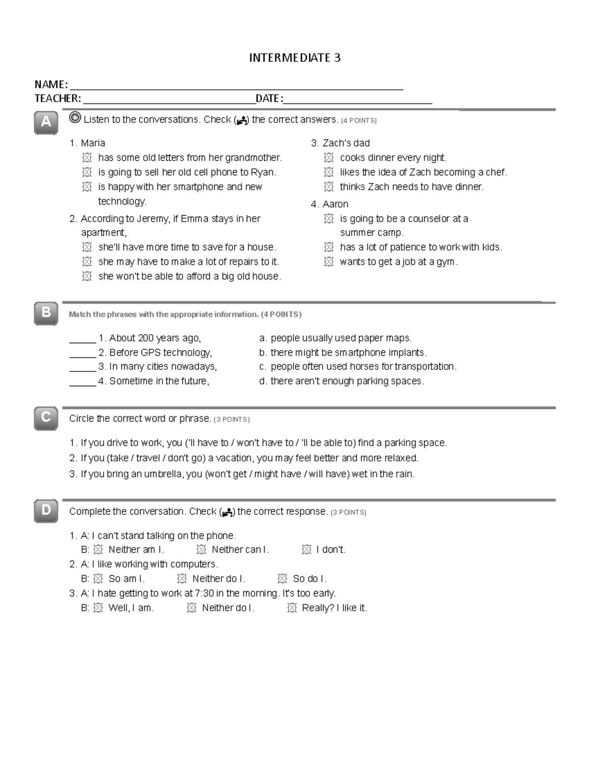 Intermediate 3 (units 9-12) Online Classes - A B C D INTERMEDIATE 3 ...