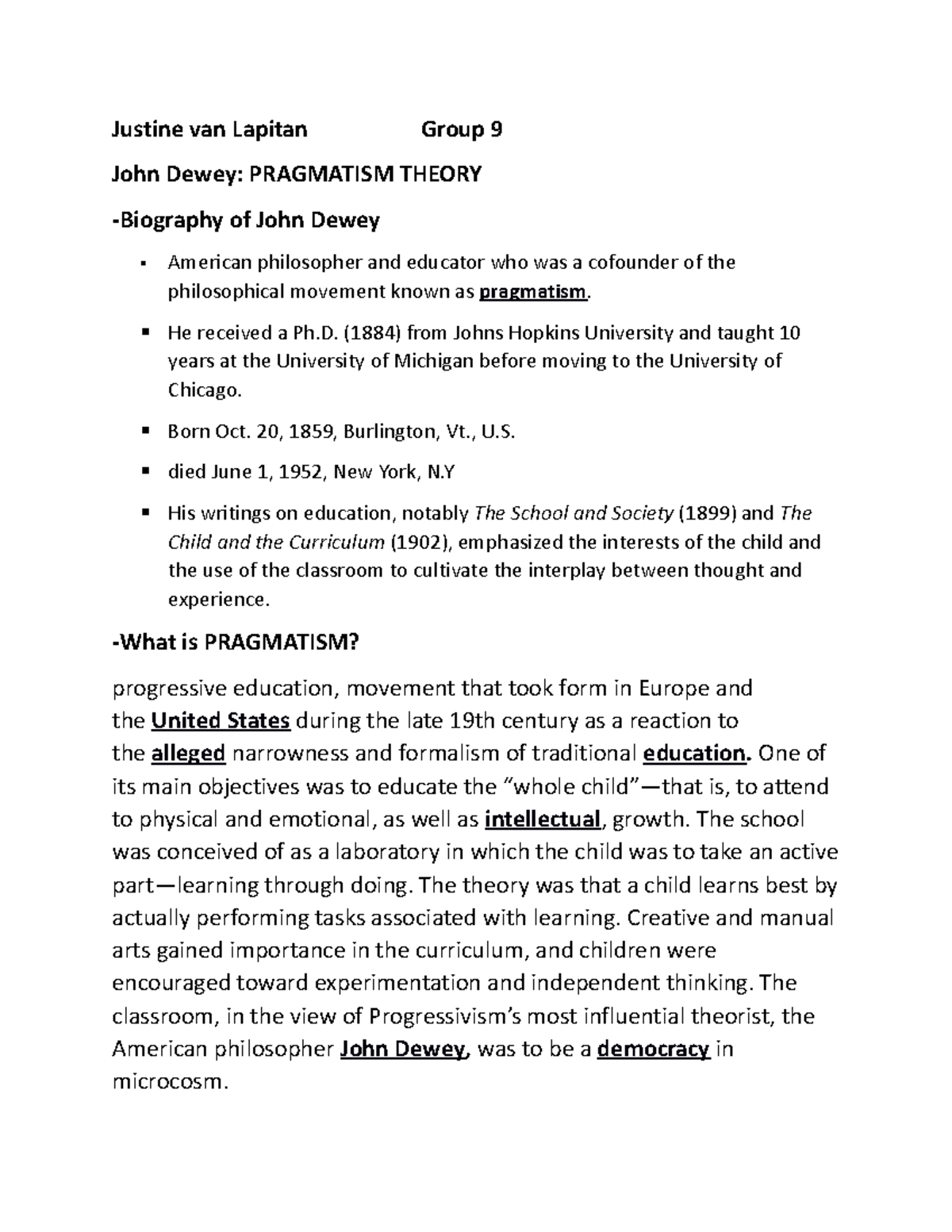 John Dewey - Good luck - Justine van Lapitan Group 9 John Dewey ...