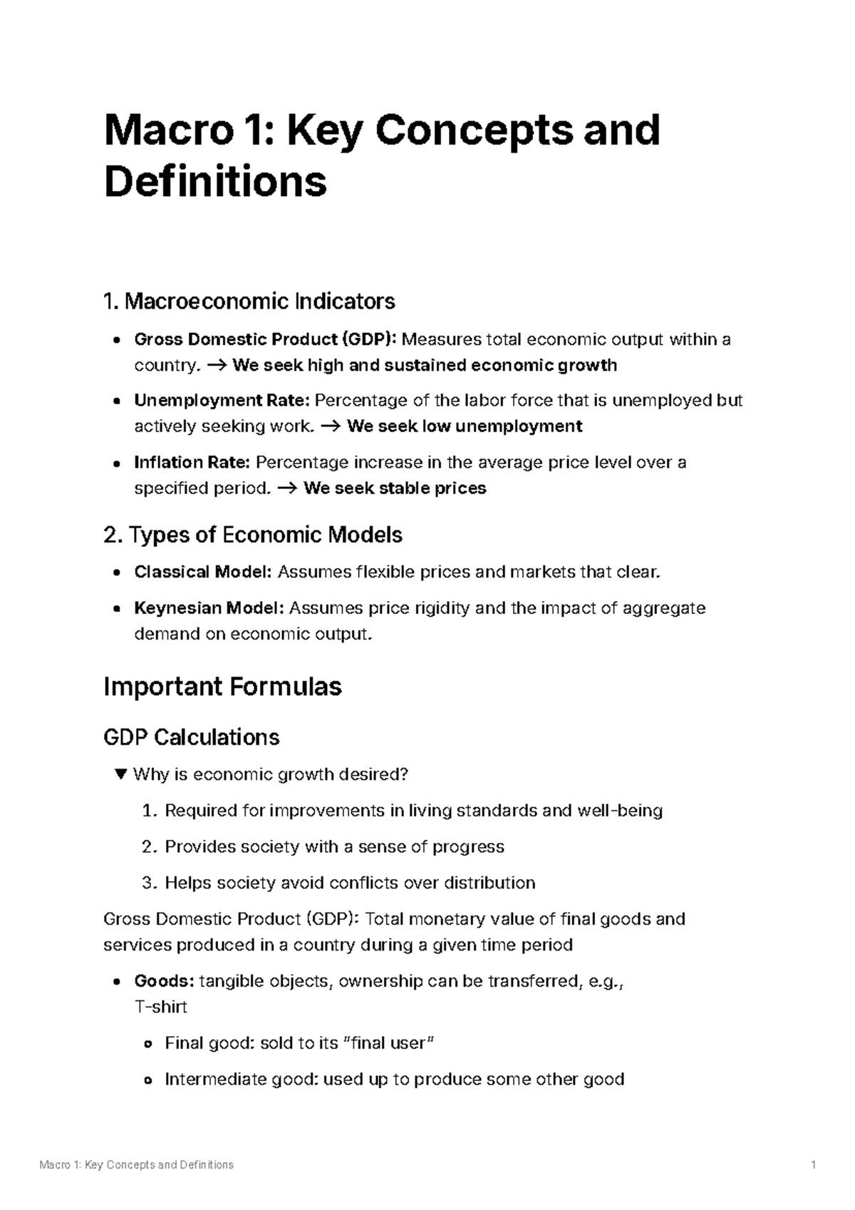 Macro 1 Summary Notion Notes - Macro 1: Key Concepts and Definitions 1 ...