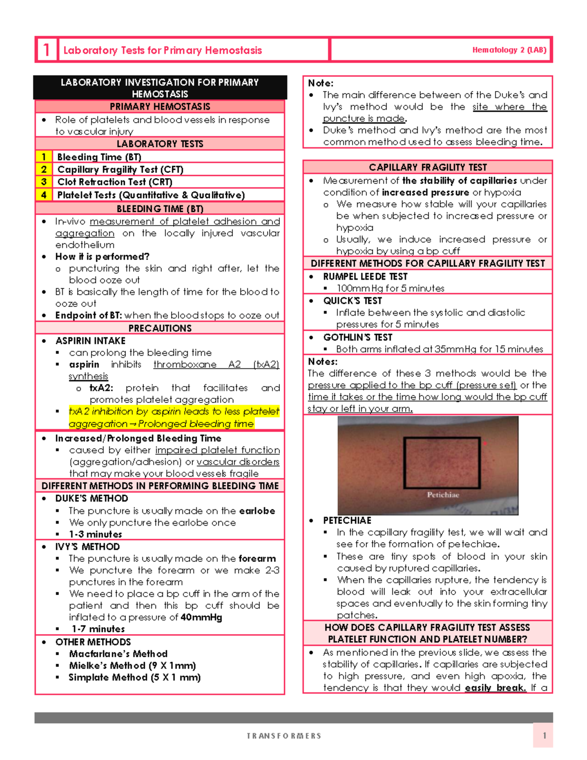 HEMA-LAB - 1 Laboratory Tests for Primary Hemostasis Hematology 2 (LAB ...
