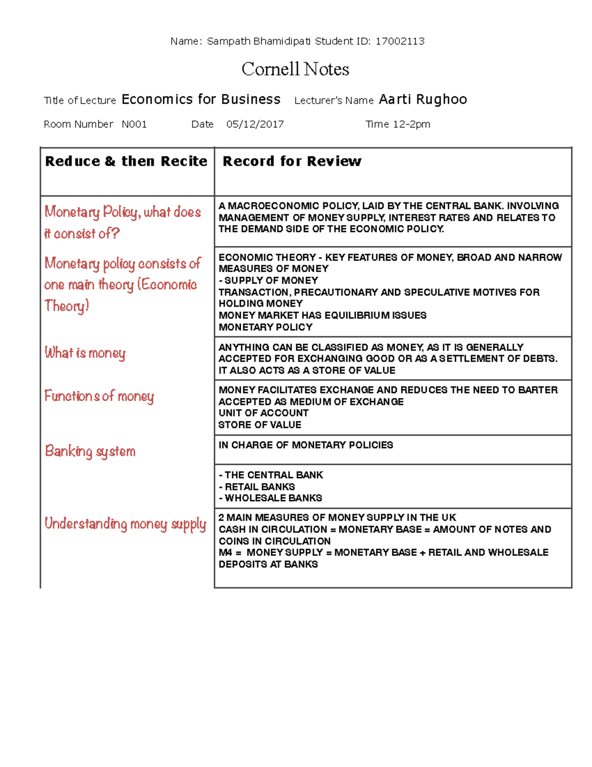 17002113-Cornell Notes-PDF - Name: Sampath Bhamidipati Student ID ...