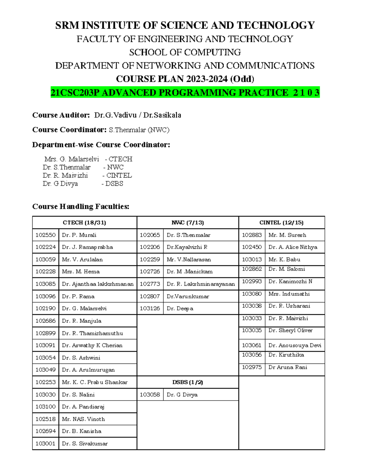 21CSC203P APP Course Plan file Updated - SRM INSTITUTE OF SCIENCE AND TECHNOLOGY FACULTY OF ...