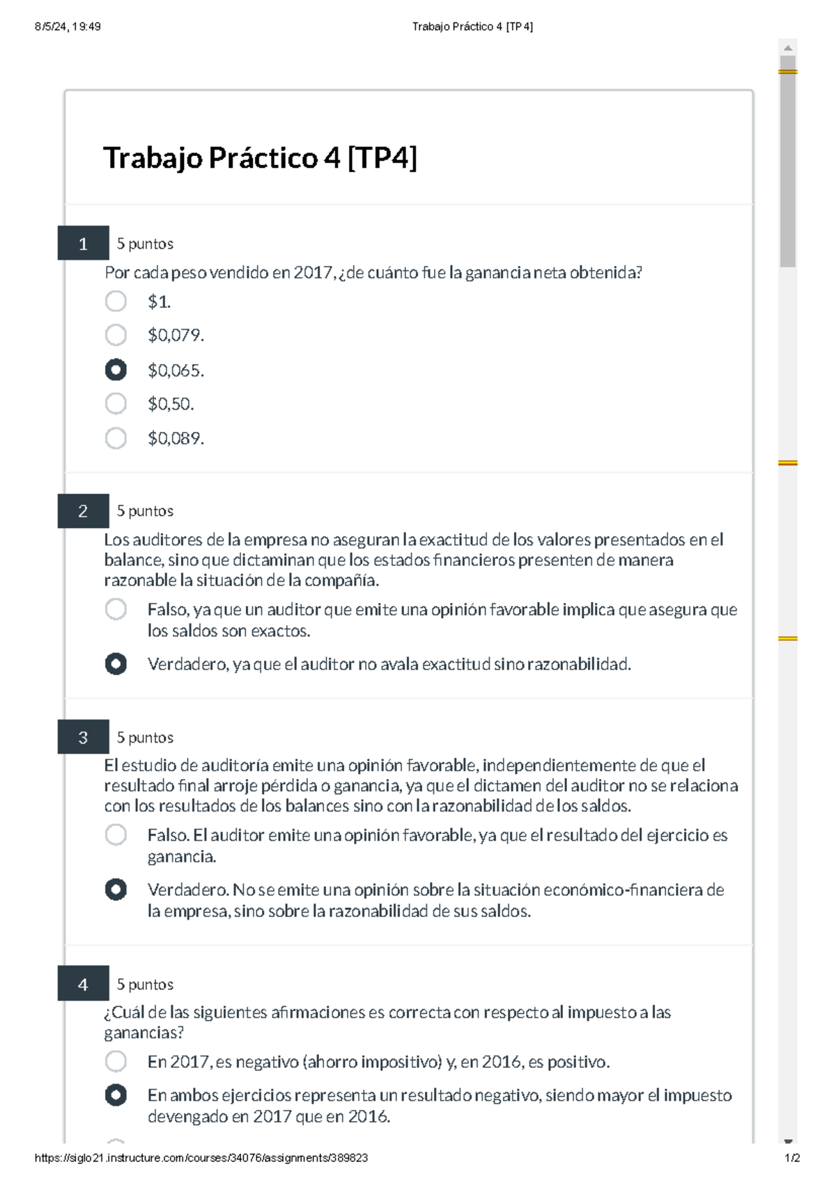Trabajo Práctico 4 [TP4] Contabilidad 8 DE MAYO TP4 - 5 puntos Por cada peso vendido en 2017 ...
