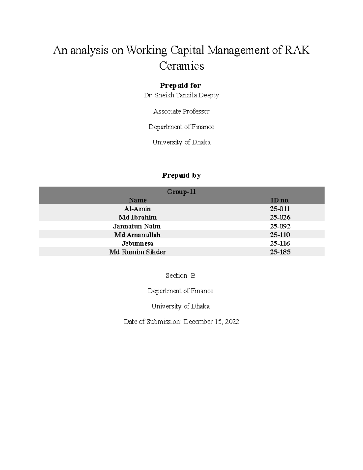 Assignment - kljn sdk v - An analysis on Working Capital Management of ...